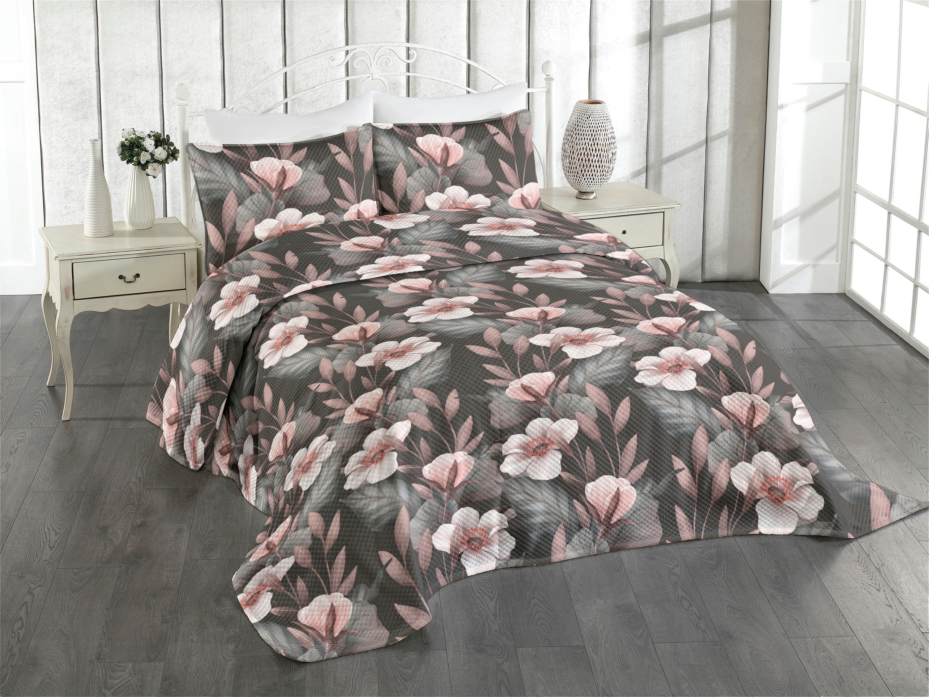 Ambesonne Floral Scene Quilted Coverlet 3 Pcs, Leaves Vintage Botany ...