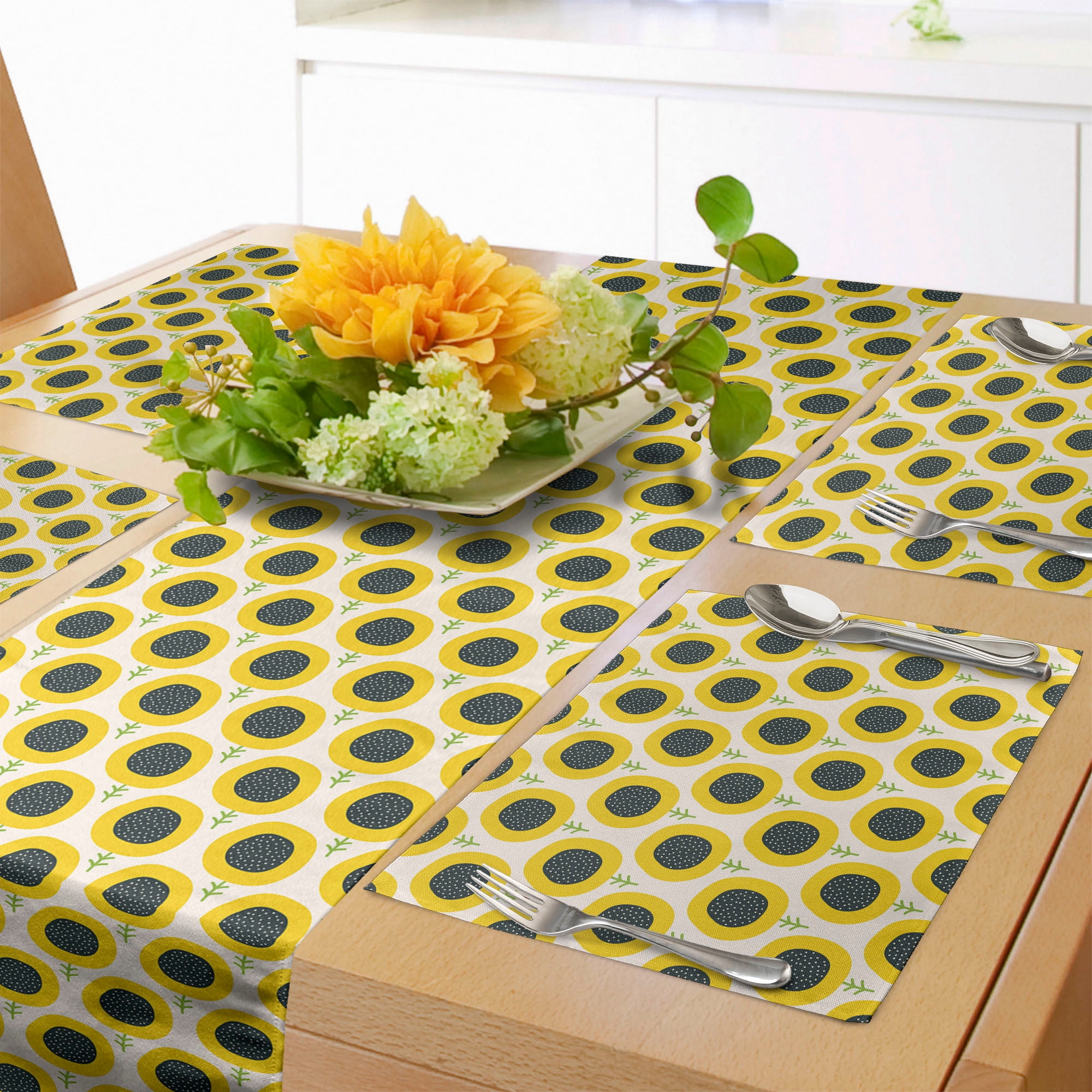 Ambesonne Floral Table Runner & Placemats, Doodle Sunflowers, Placemat ...