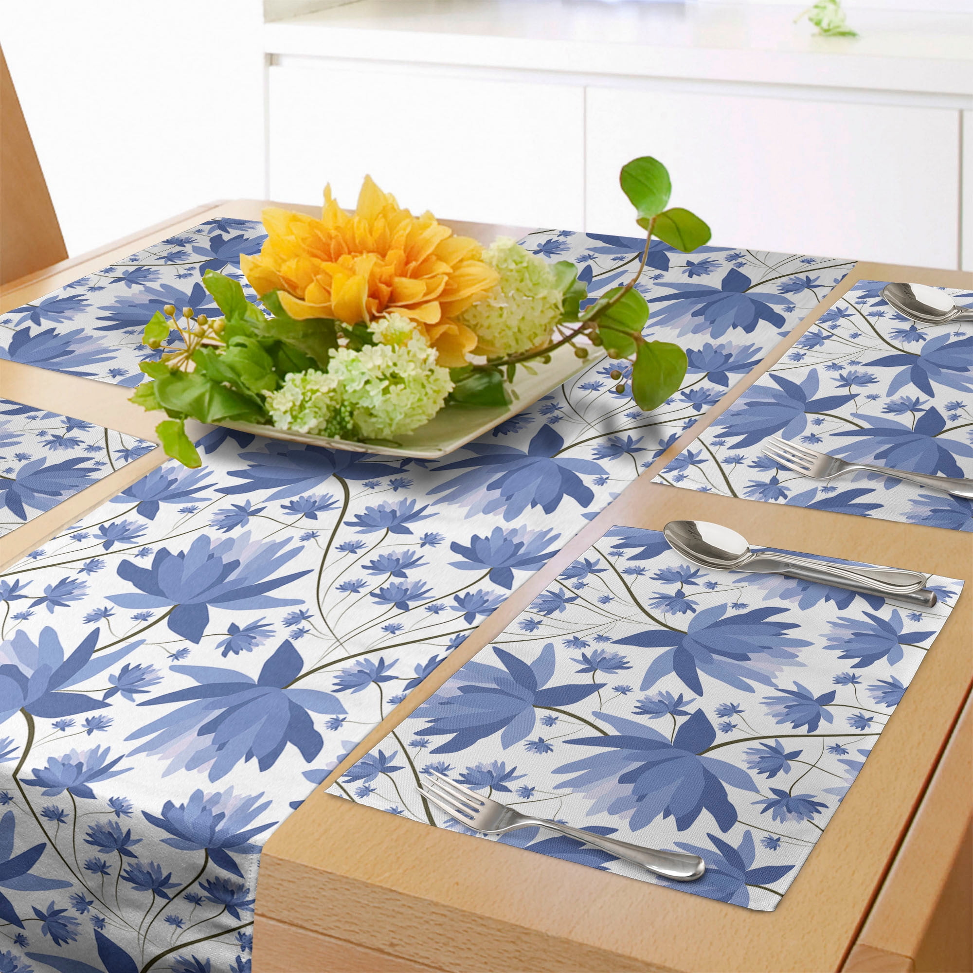 Ambesonne Floral Table Runner & Placemats, Japanese Lotus Flowers Image ...