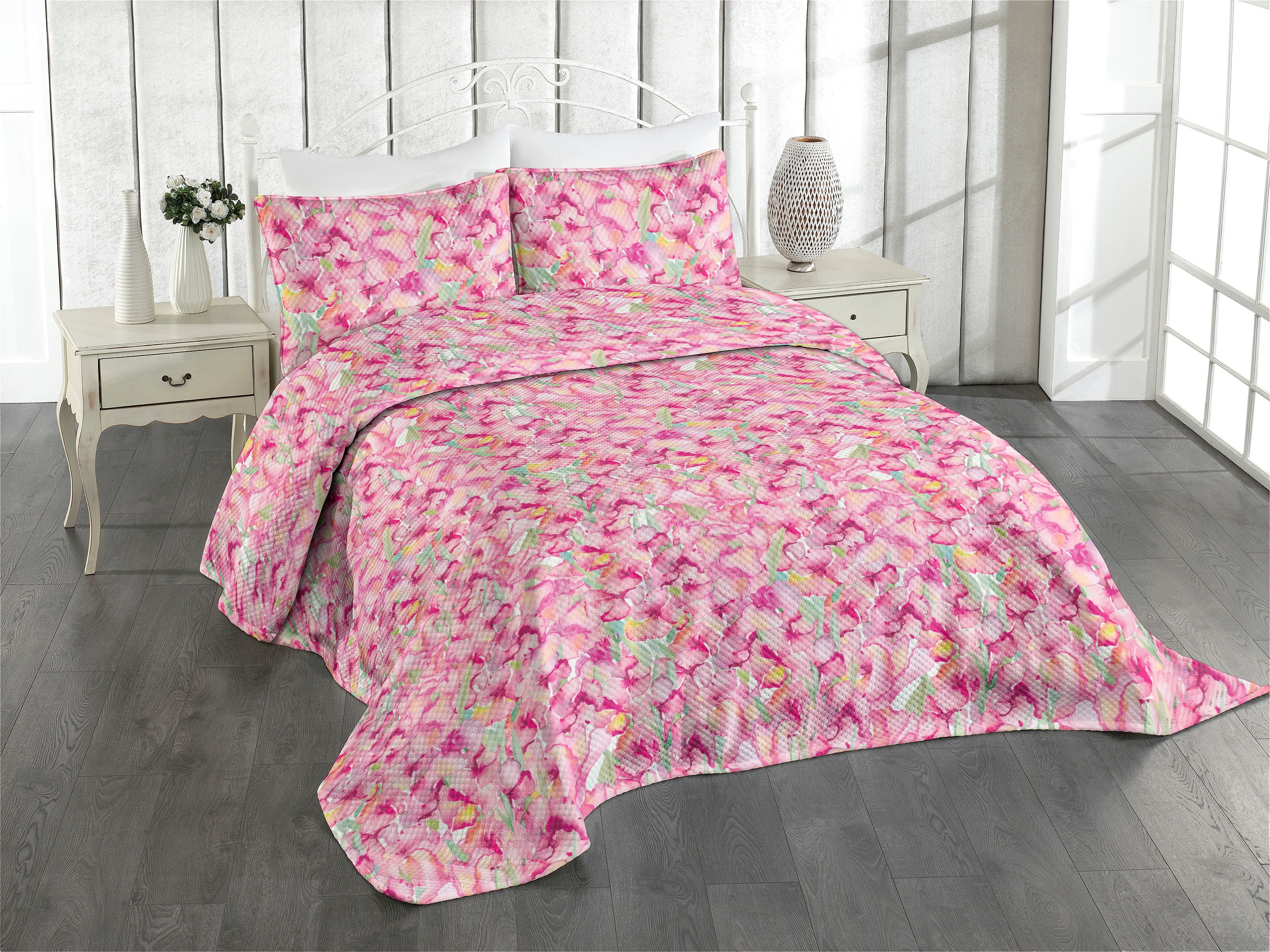 Ambesonne Floral Themed Quilted Coverlet 3 Pcs, Dreamy Watercolor Art ...