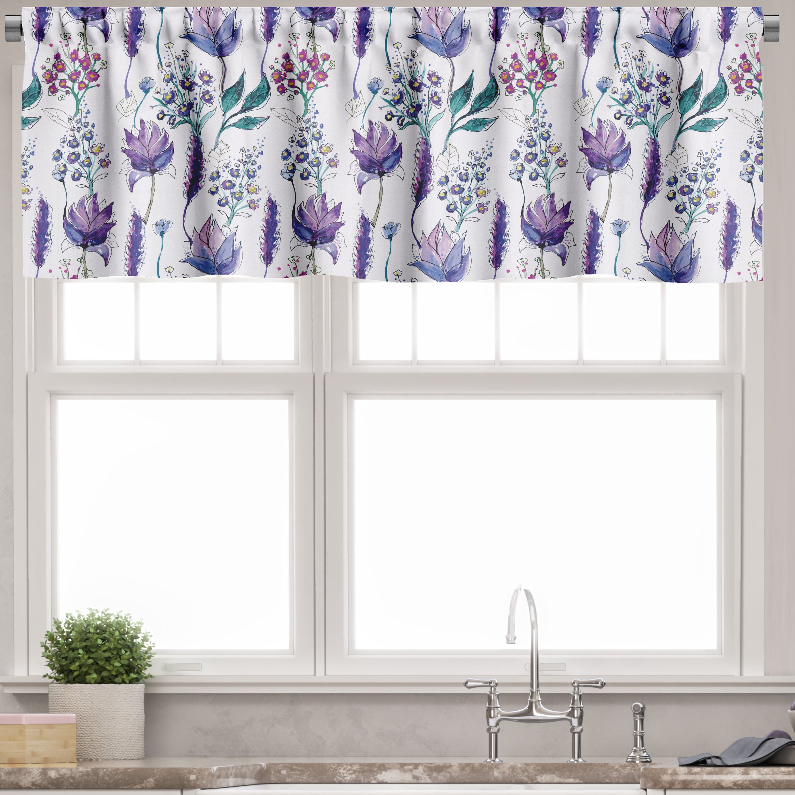 Ambesonne Floral Valance Pack of 2, Botany Plants Watercolor, 54"X12 ...