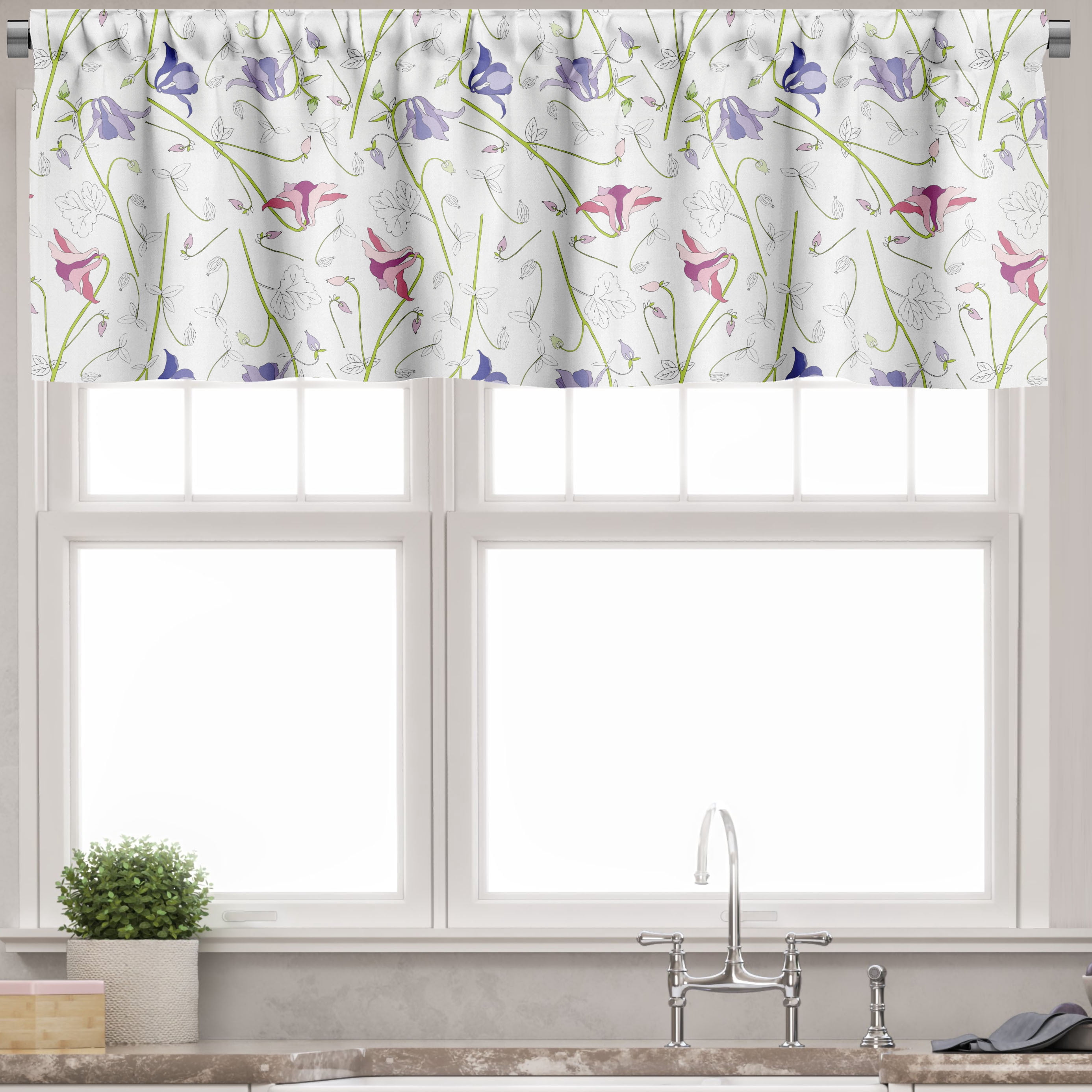 Ambesonne Floral Valance Pack of 2, Hand Drawn Aquilegia Flower, 54"X18 ...