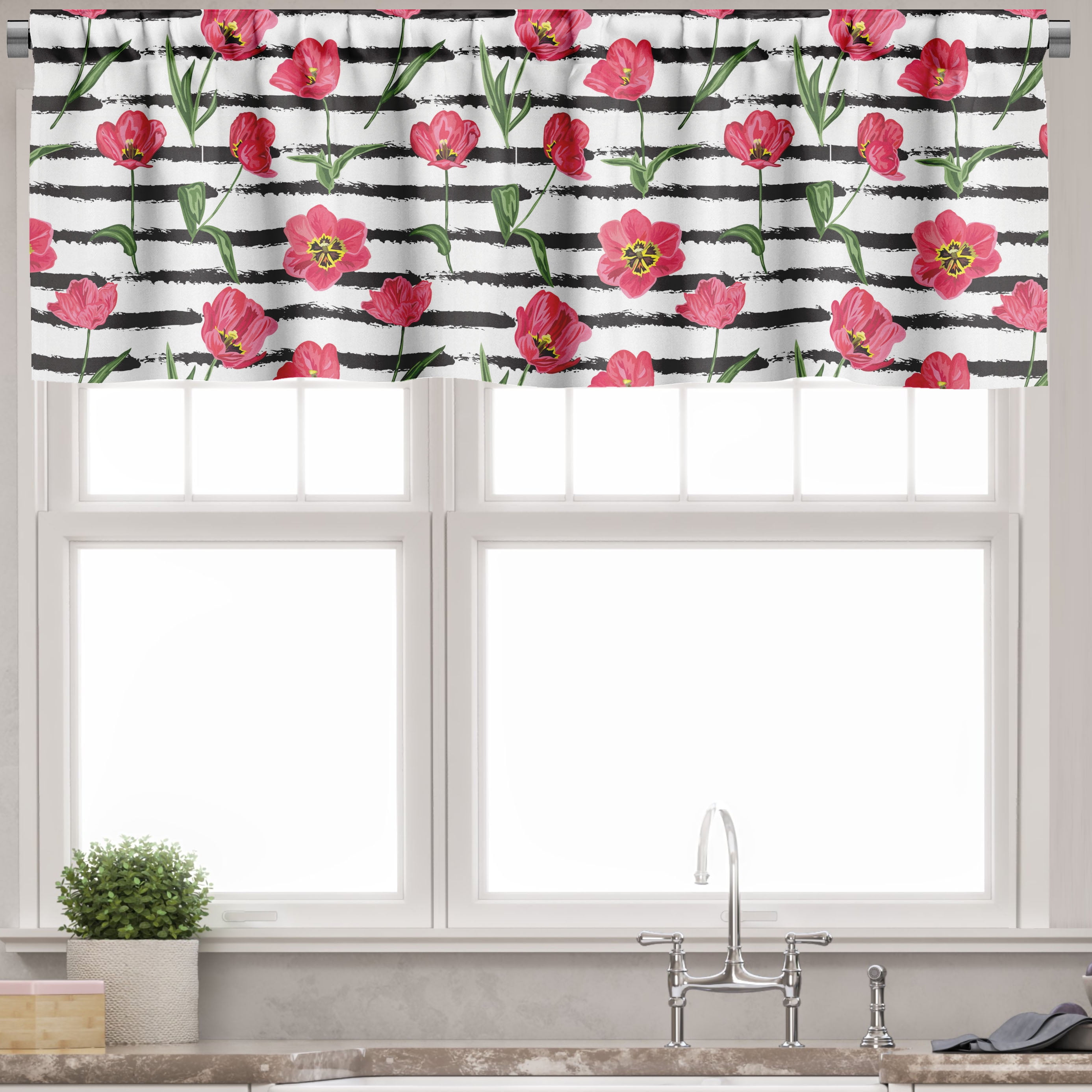 Ambesonne Floral Valance Pack of 2, Tulip Flower Charcoal Stripe, 54 ...