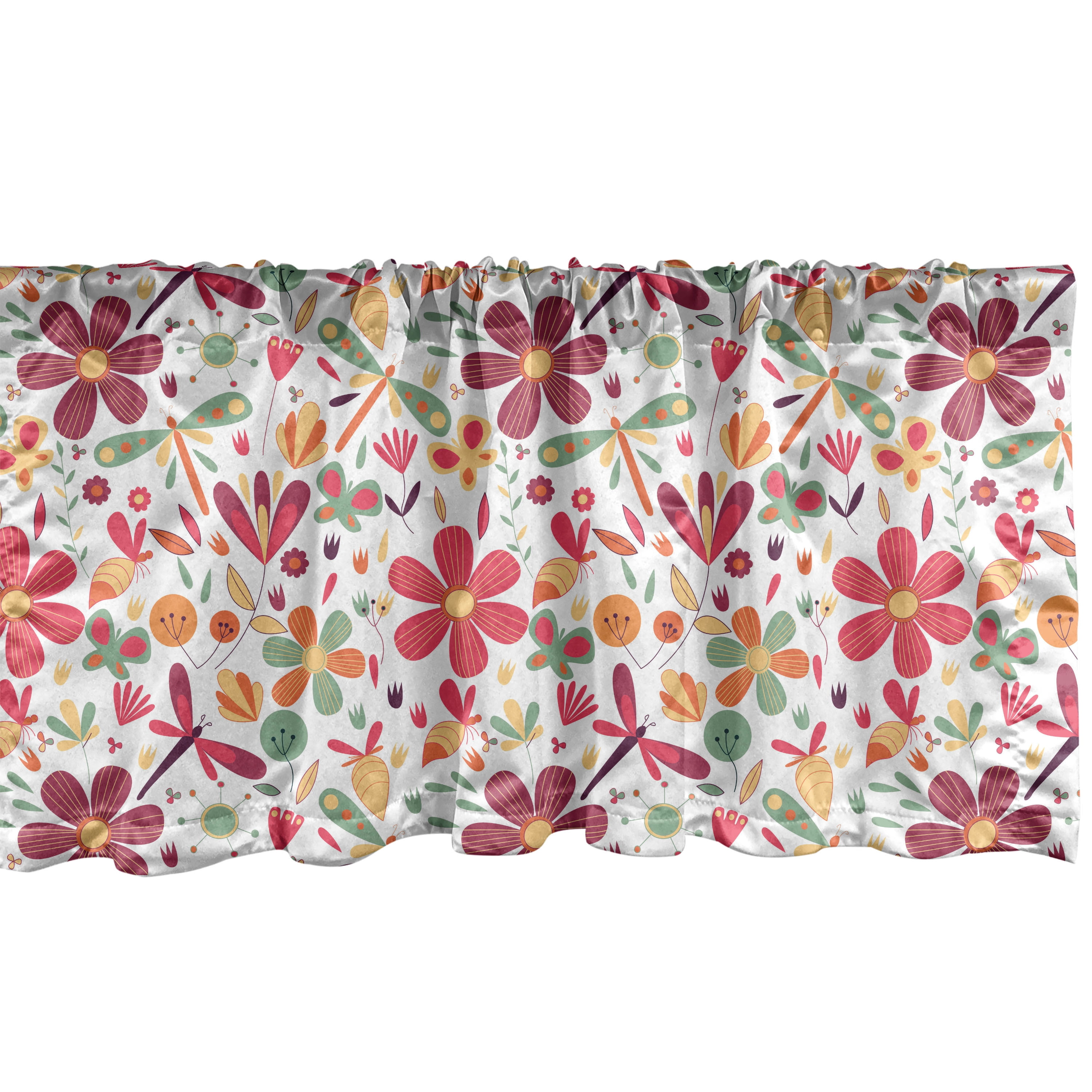 Ambesonne Floral Window Valance, Dragonfly Butterfly Spring, 54" X 12 ...