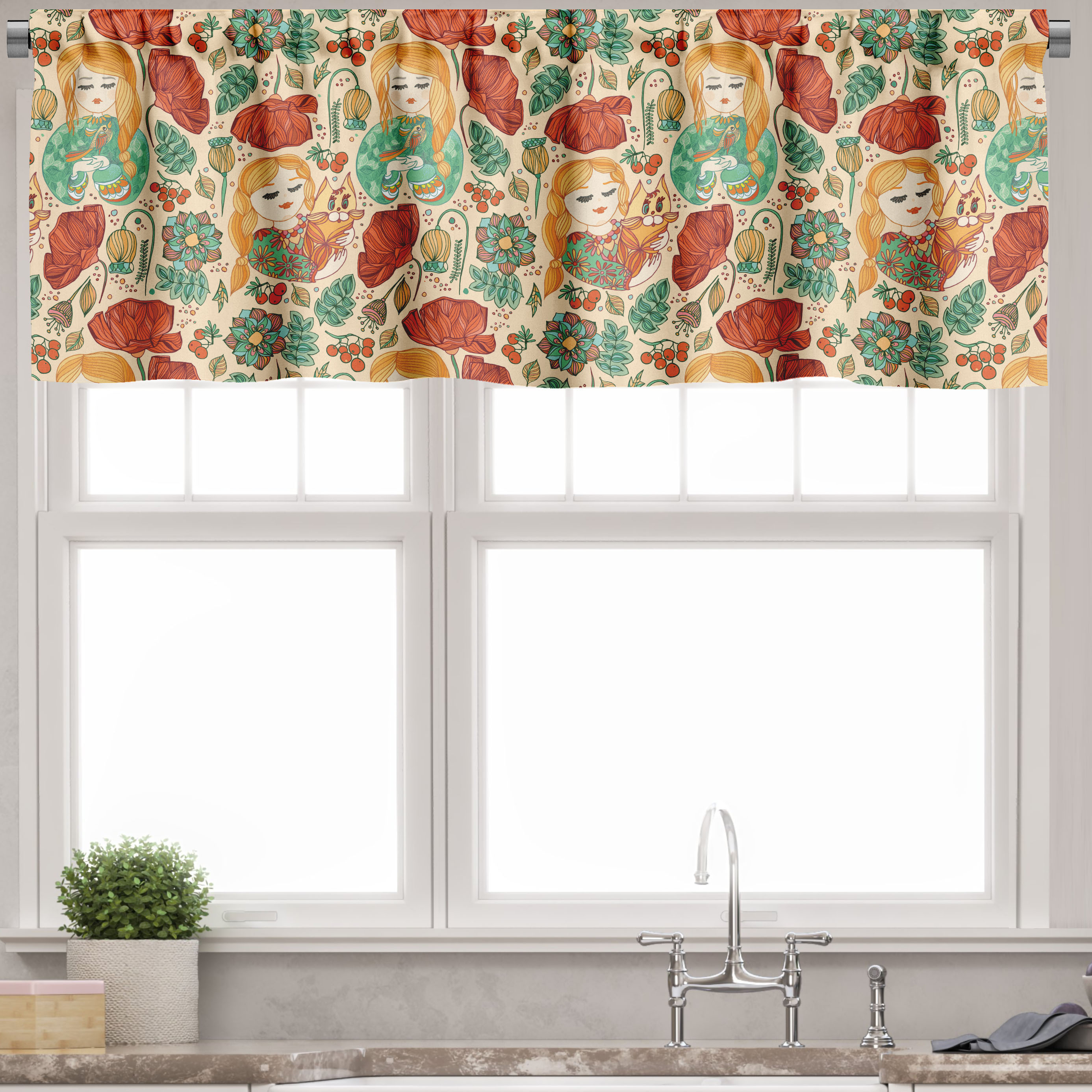 Ambesonne Floral Window Valance, Girls Cats and Birds, 54" X 18 ...