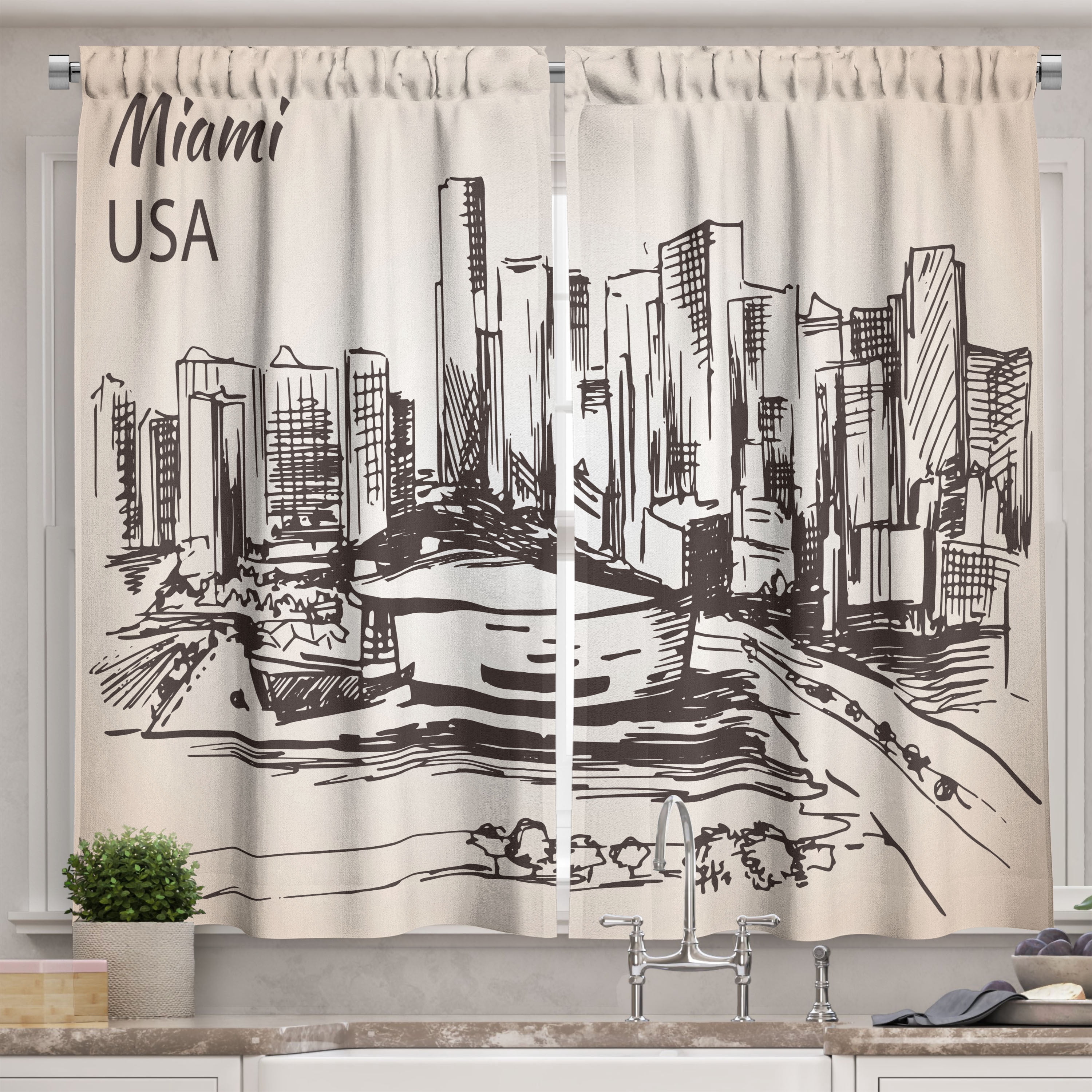 Ambesonne Florida Kitchen Curtains, Miami Cityscape Sketch, 55"x45 ...