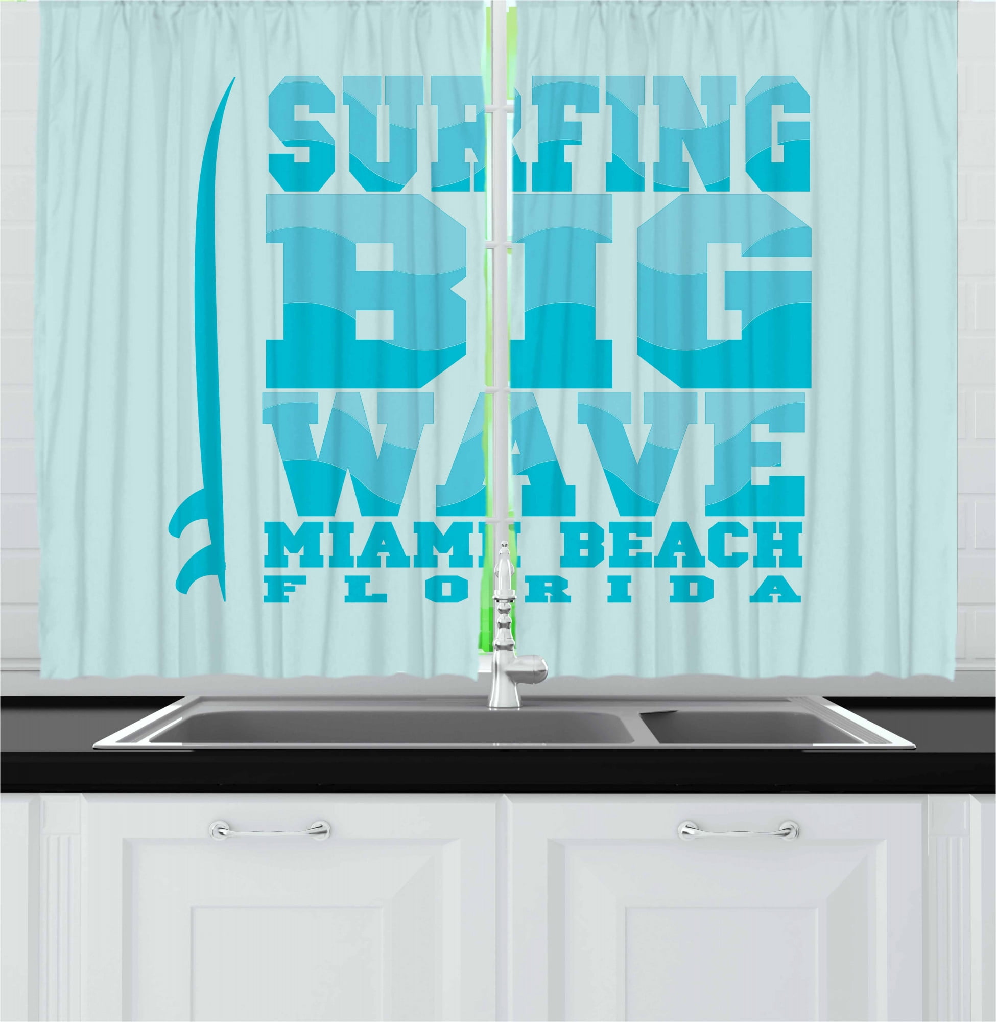 Ambesonne Florida Kitchen Curtains, Surfing Big Wave Miami, 55"x45 ...