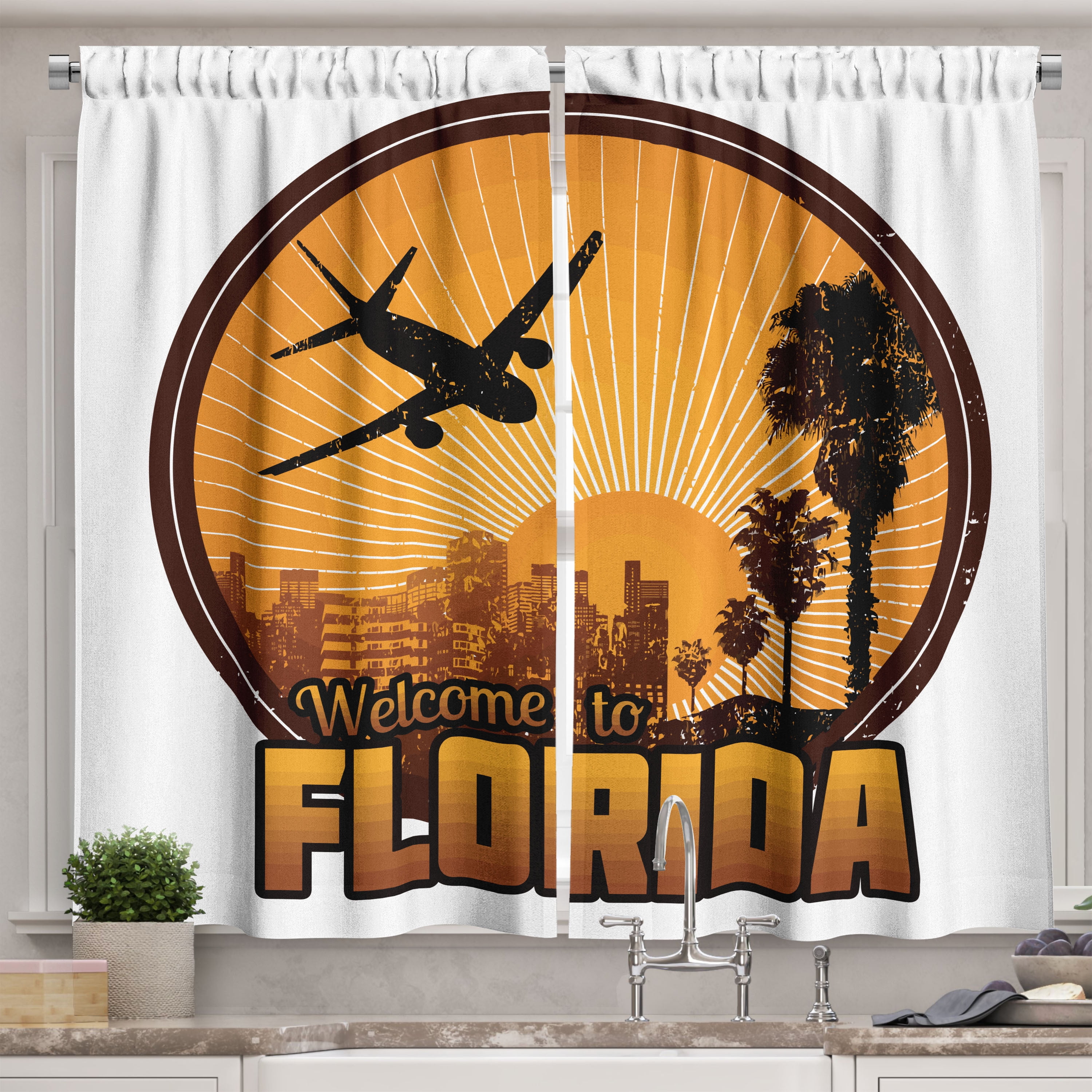 Ambesonne Florida Kitchen Curtains, Travel Theme Old Stamp, 55"x39 ...