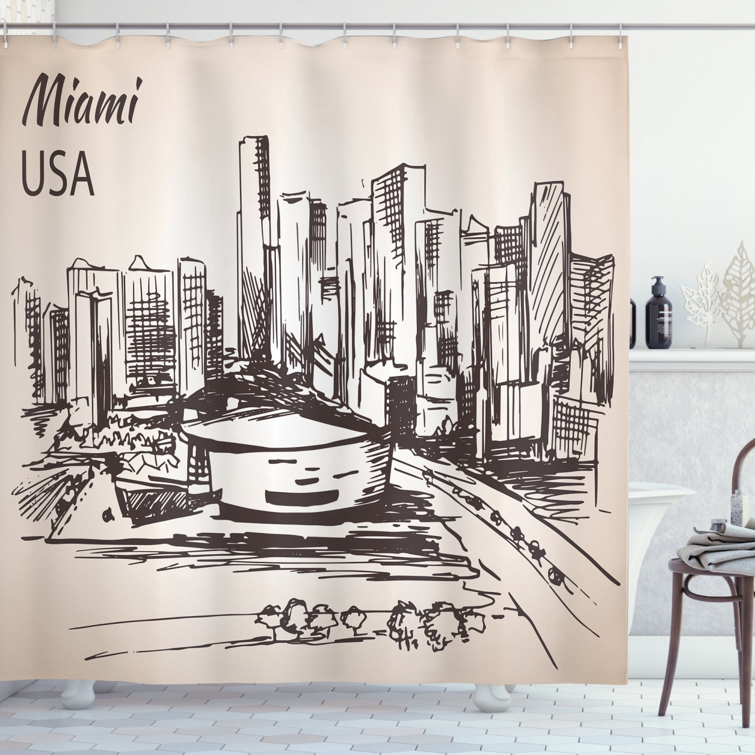 Ambesonne Florida Shower Curtain, Miami Cityscape Sketch, 69"Wx70"L ...