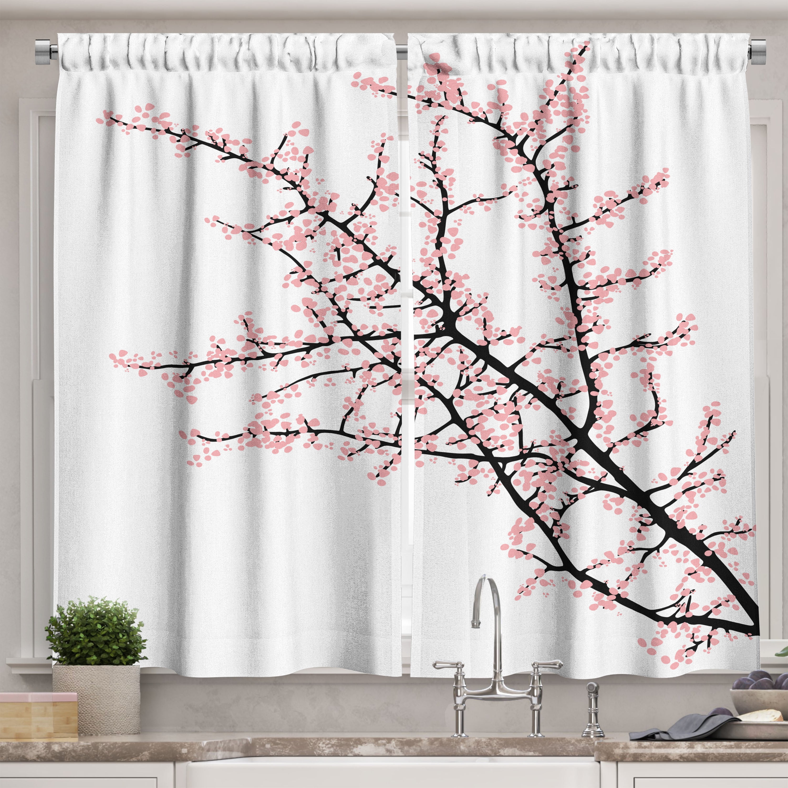Ambesonne Flower Kitchen Curtains, Cherry Branch Floral, 55"x45", Pink ...