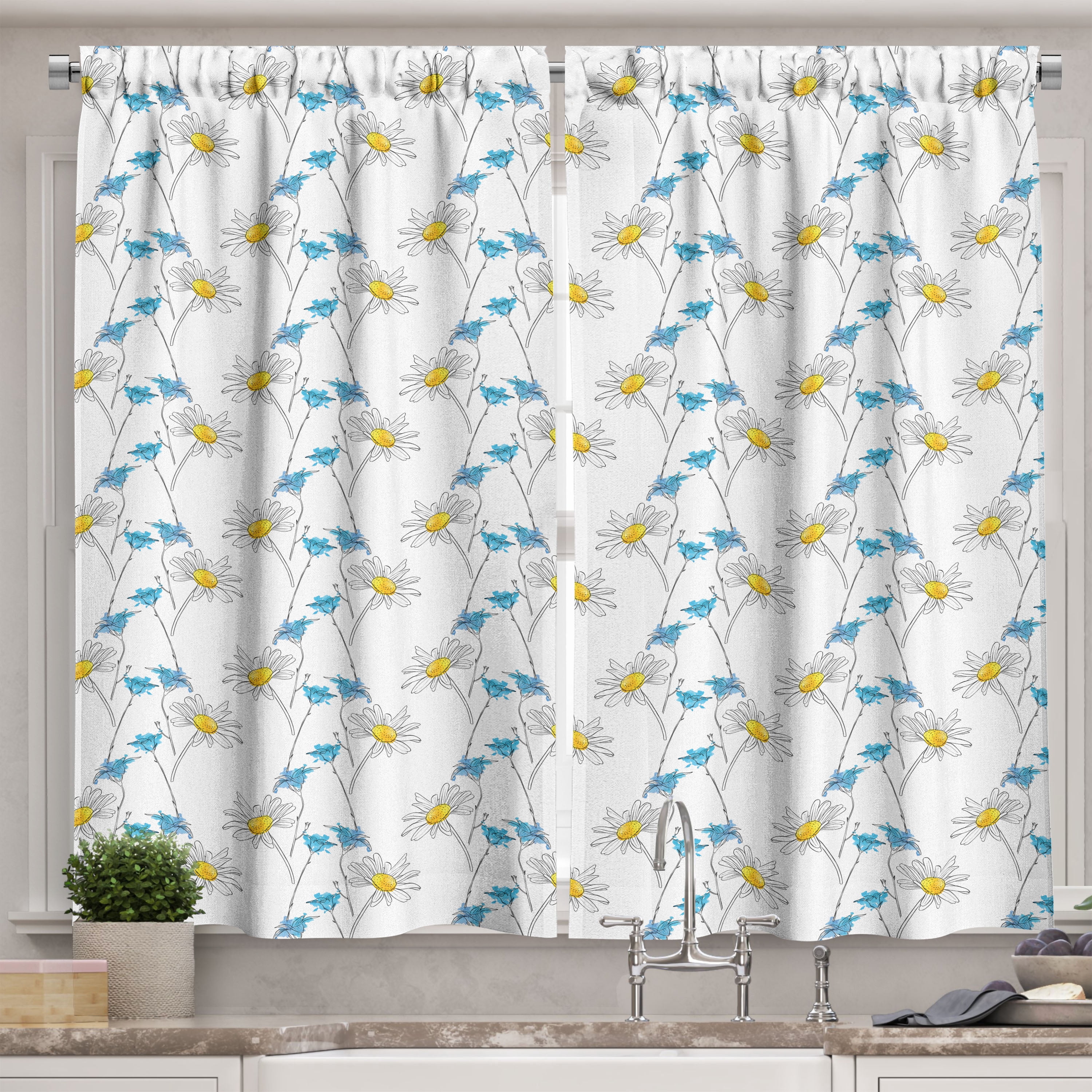 Ambesonne Flower Kitchen Curtains, Daisy Blooms Paintbrush Art, 55"x45 ...