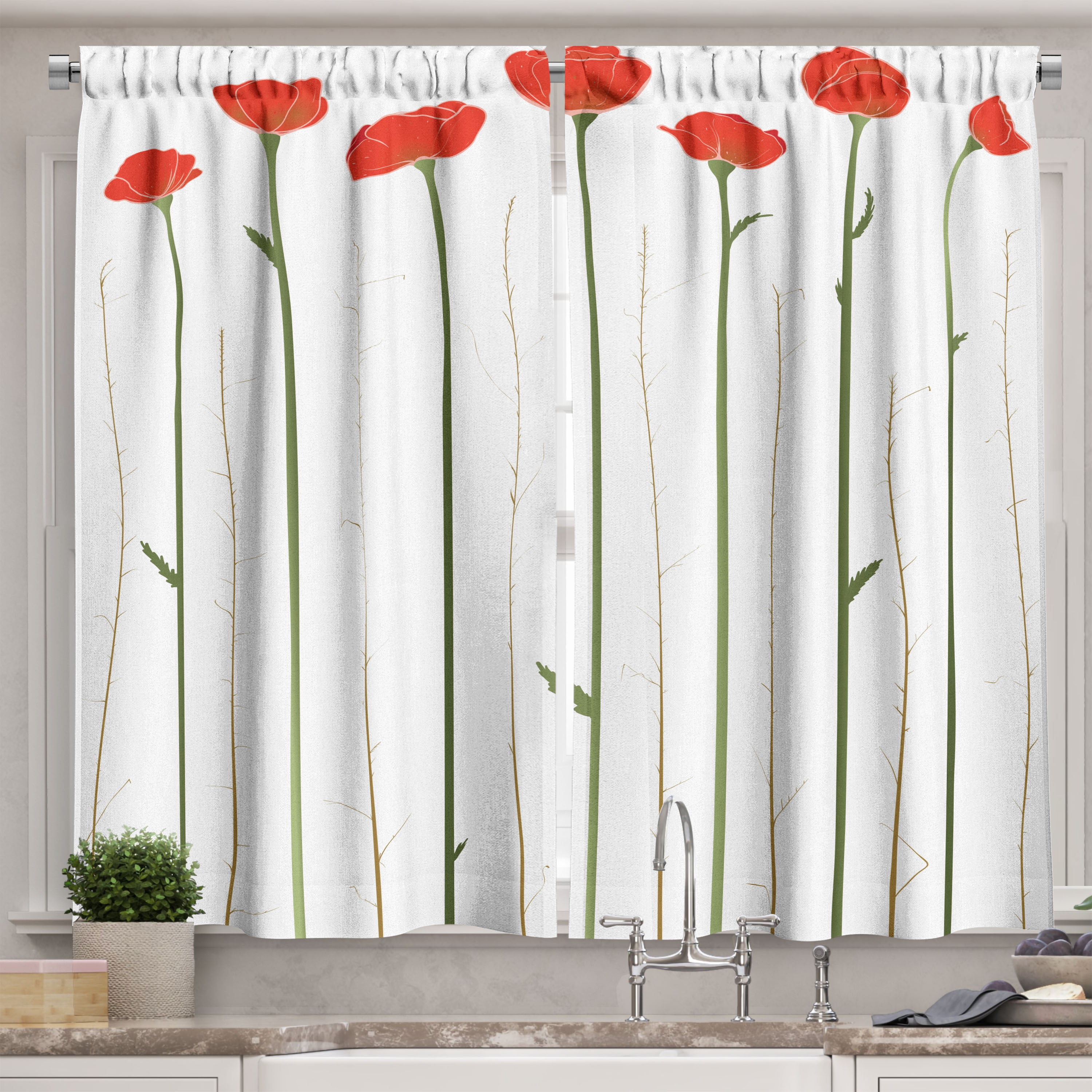 Ambesonne Flower Kitchen Curtains, Red Poppies on Spring, 55"x39 ...