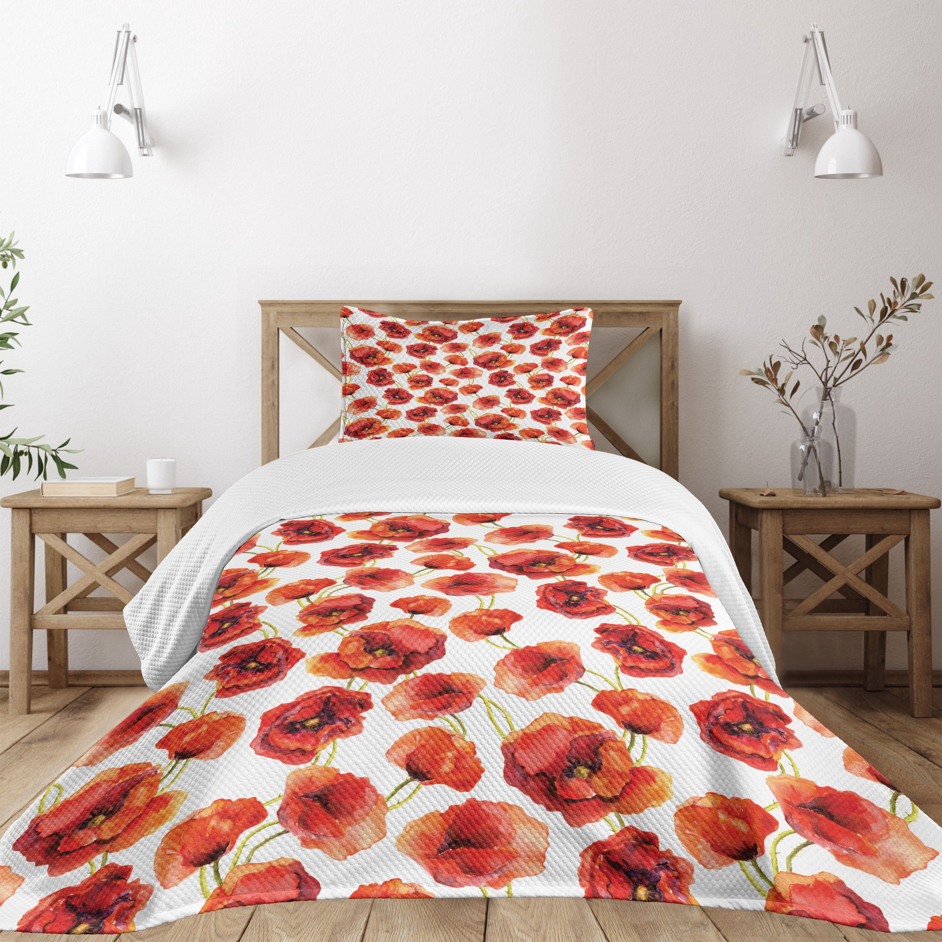 Ambesonne Flower Quilted Bedspread Set 2 Pcs, Poppies Garden Floral ...