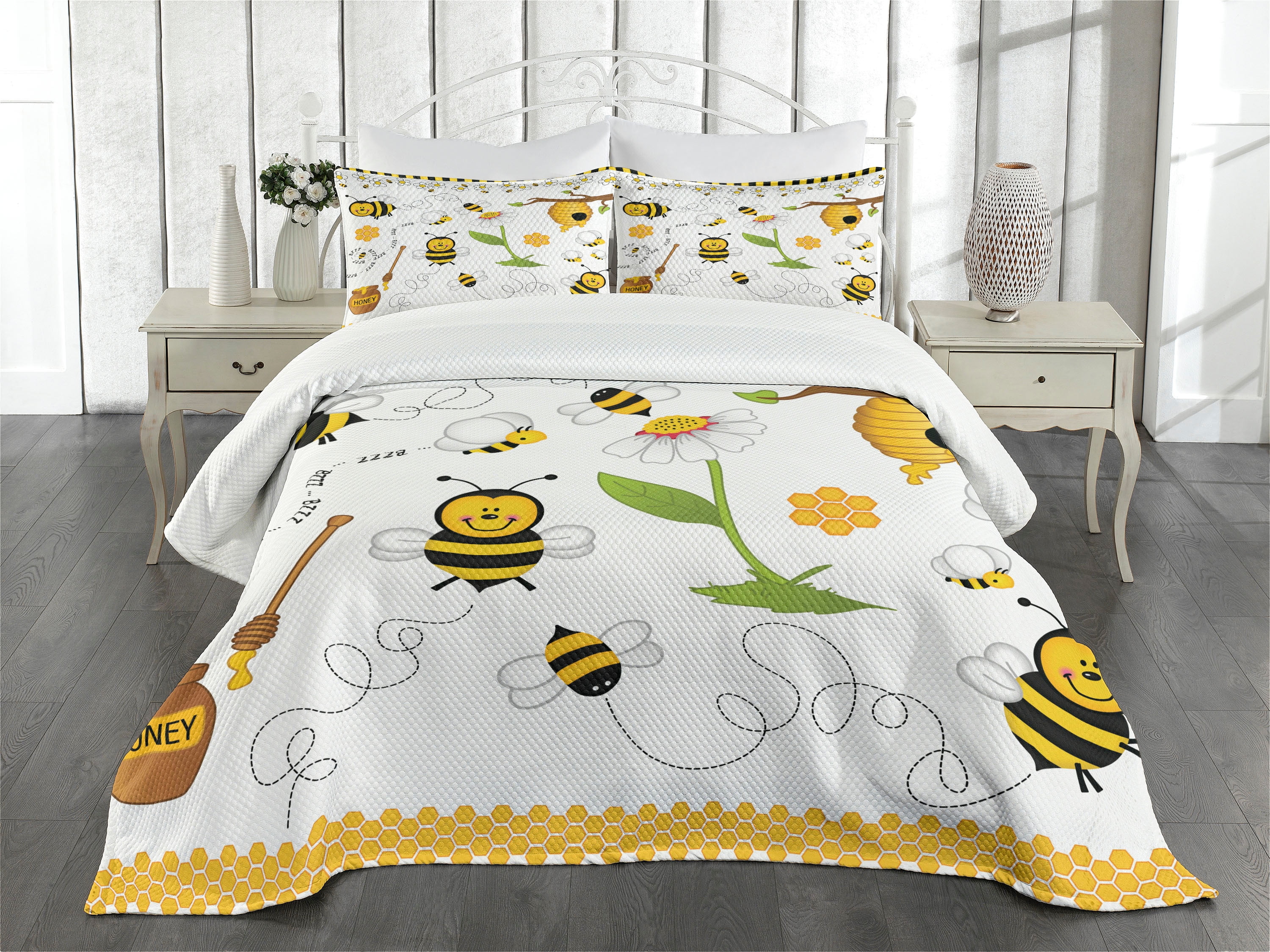 Ambesonne Flower Quilted Bedspread Set 3 Pcs, Bees Daisies Chamomile ...