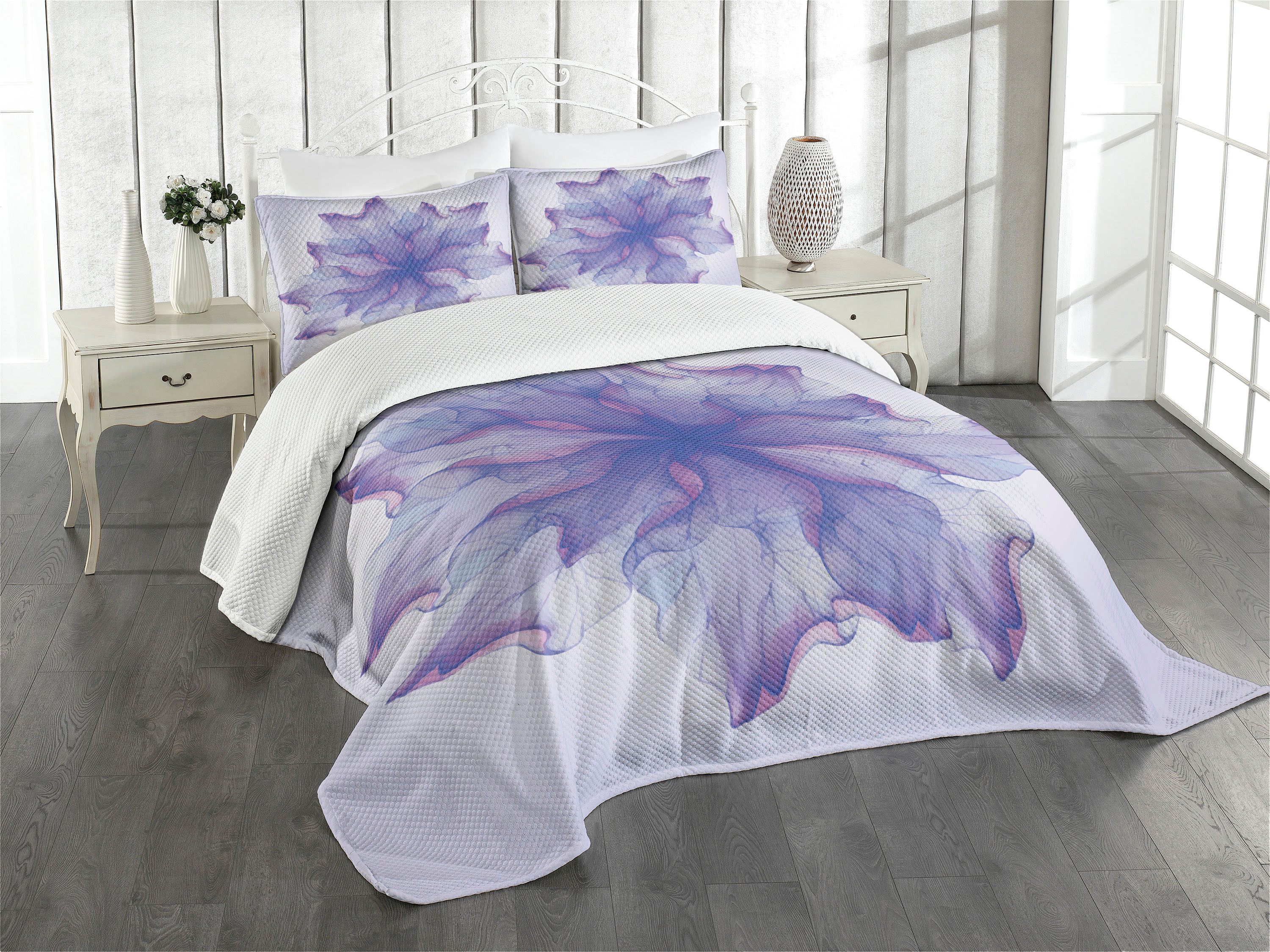 Ambesonne Flower Quilted Bedspread Set 3 Pcs, Blossoming Petals Layout ...