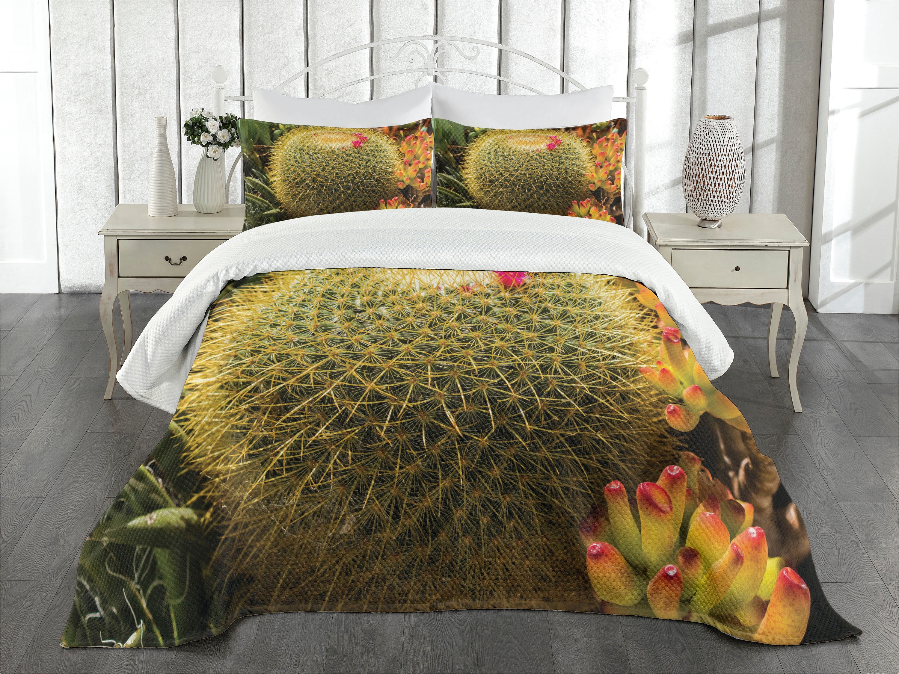 Ambesonne Flower Quilted Bedspread Set 3 Pcs, Cactus Plant with Spikes ...
