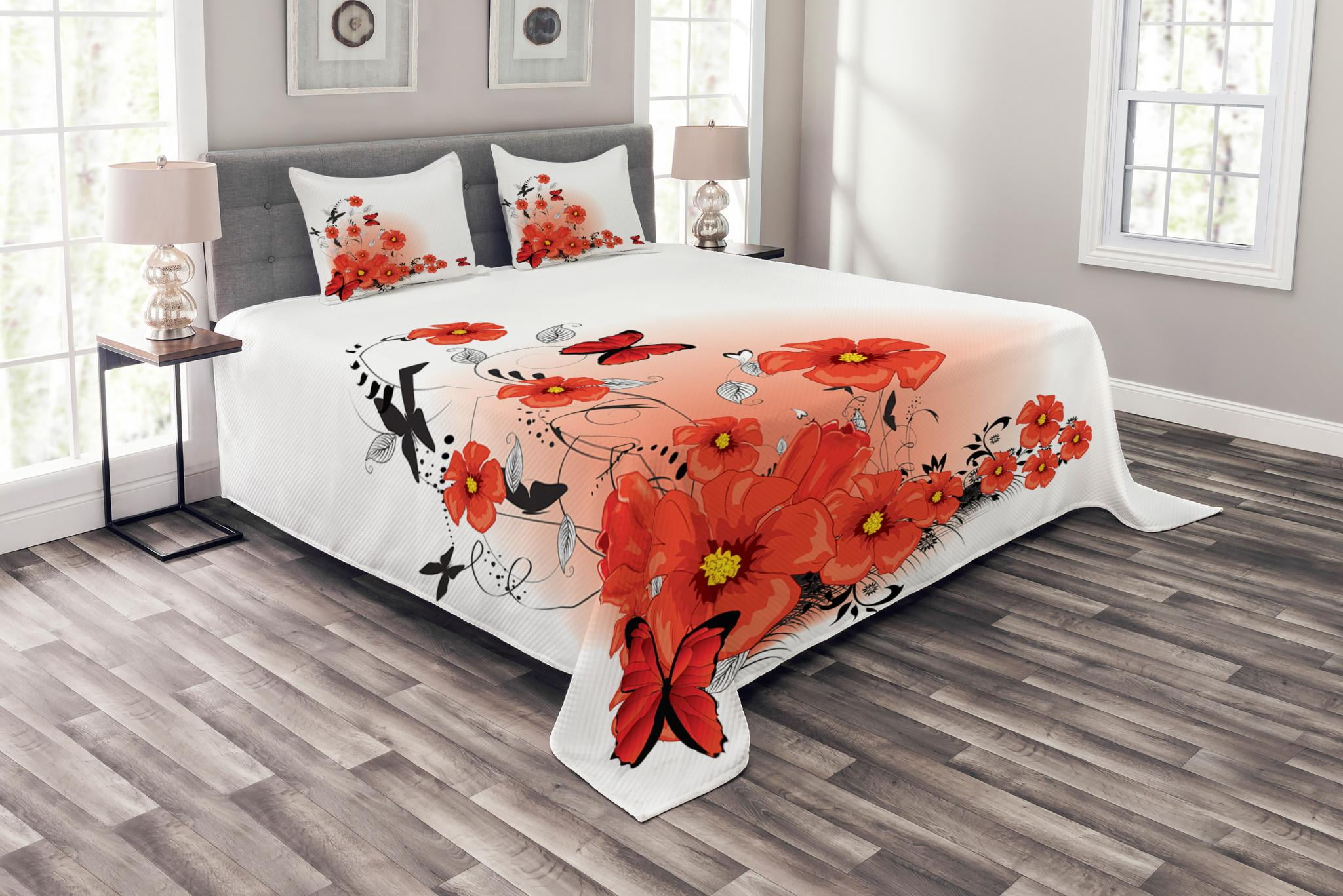 Ambesonne Flower Quilted Bedspread Set 3 Pcs, Cartoon Poppy Fresh Art ...