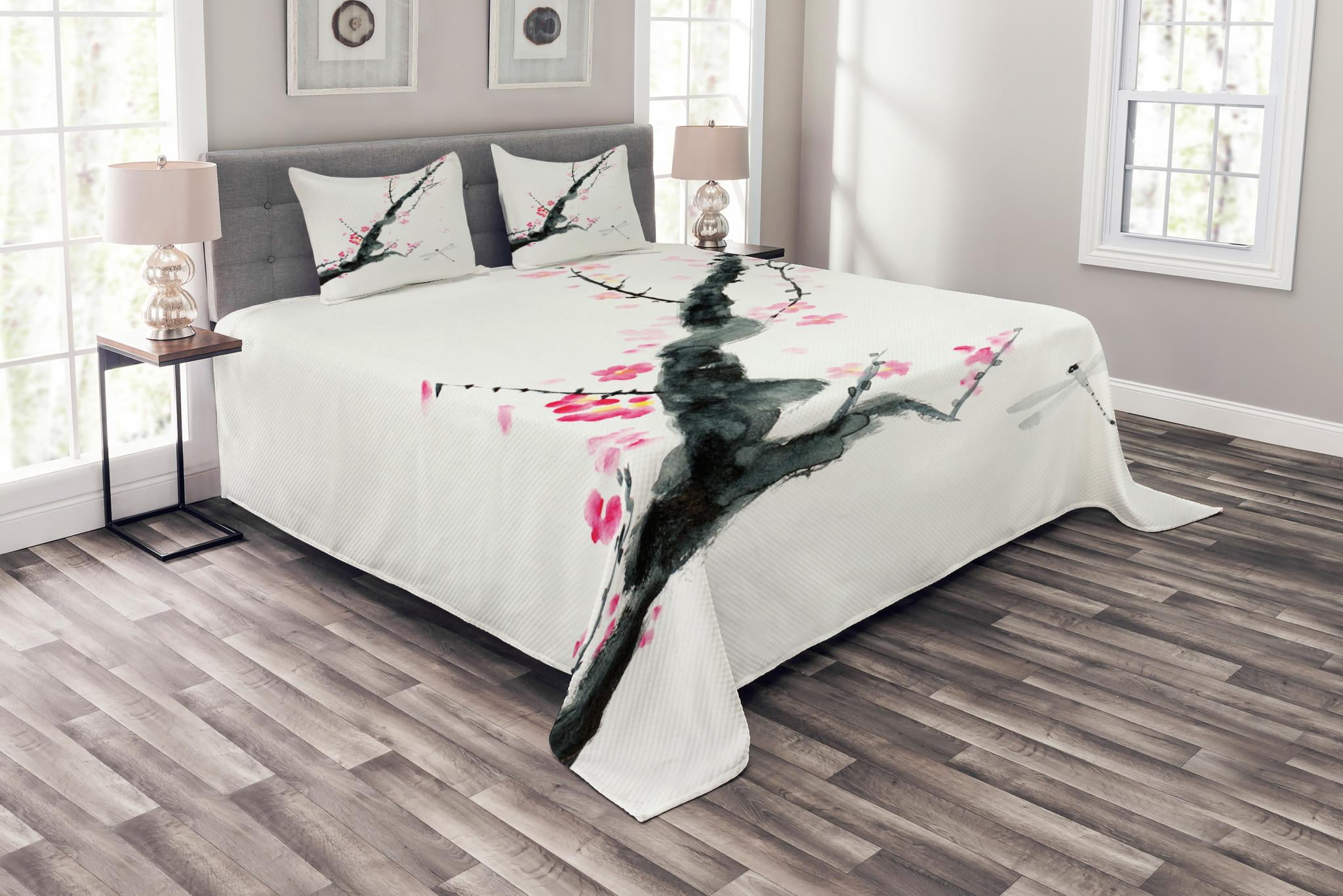 Ambesonne Flower Quilted Bedspread Set 3 Pcs, Cherry Sakura Tree, Queen ...
