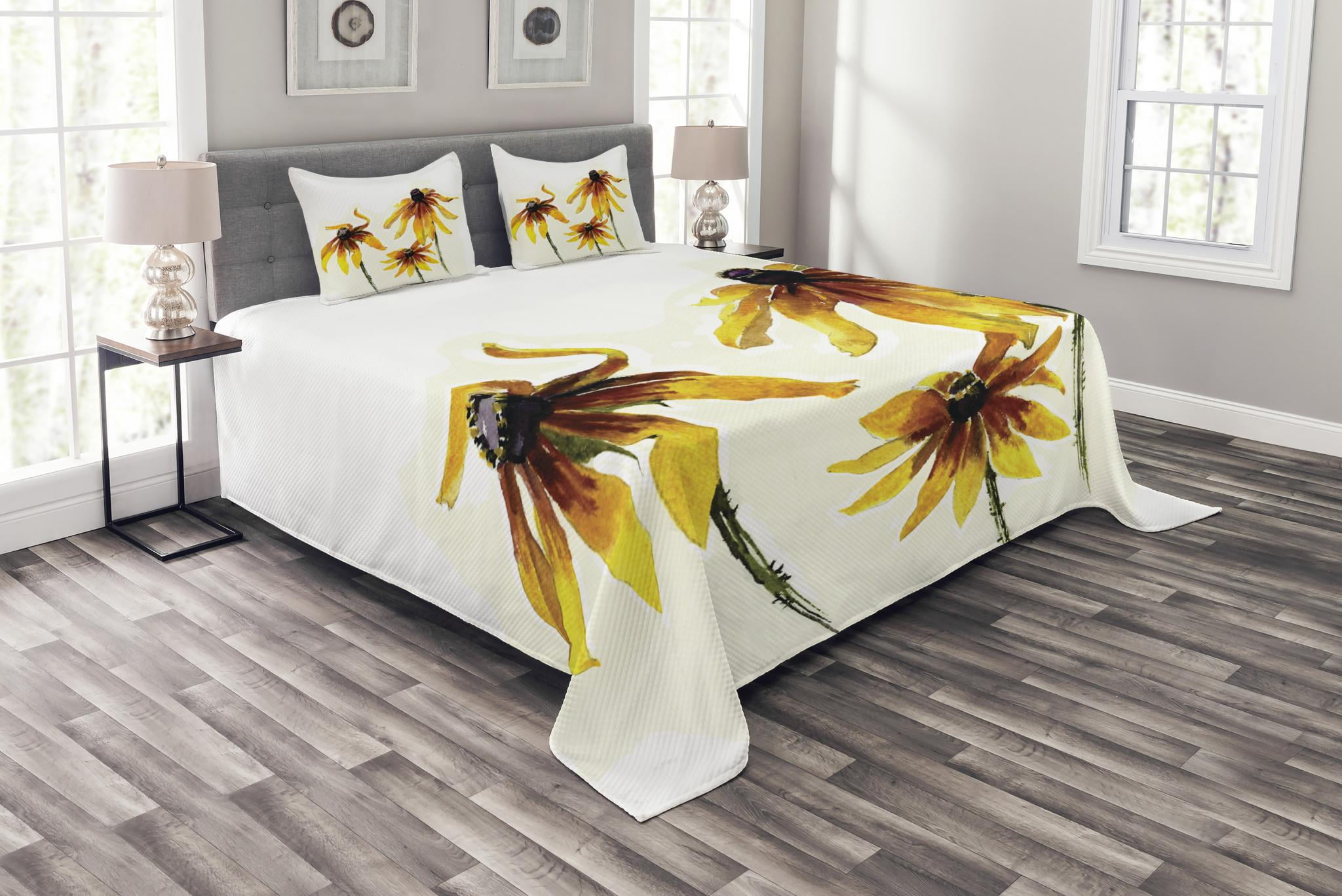 Ambesonne Flower Quilted Bedspread Set 3 Pcs, Daisies Garden, Queen ...
