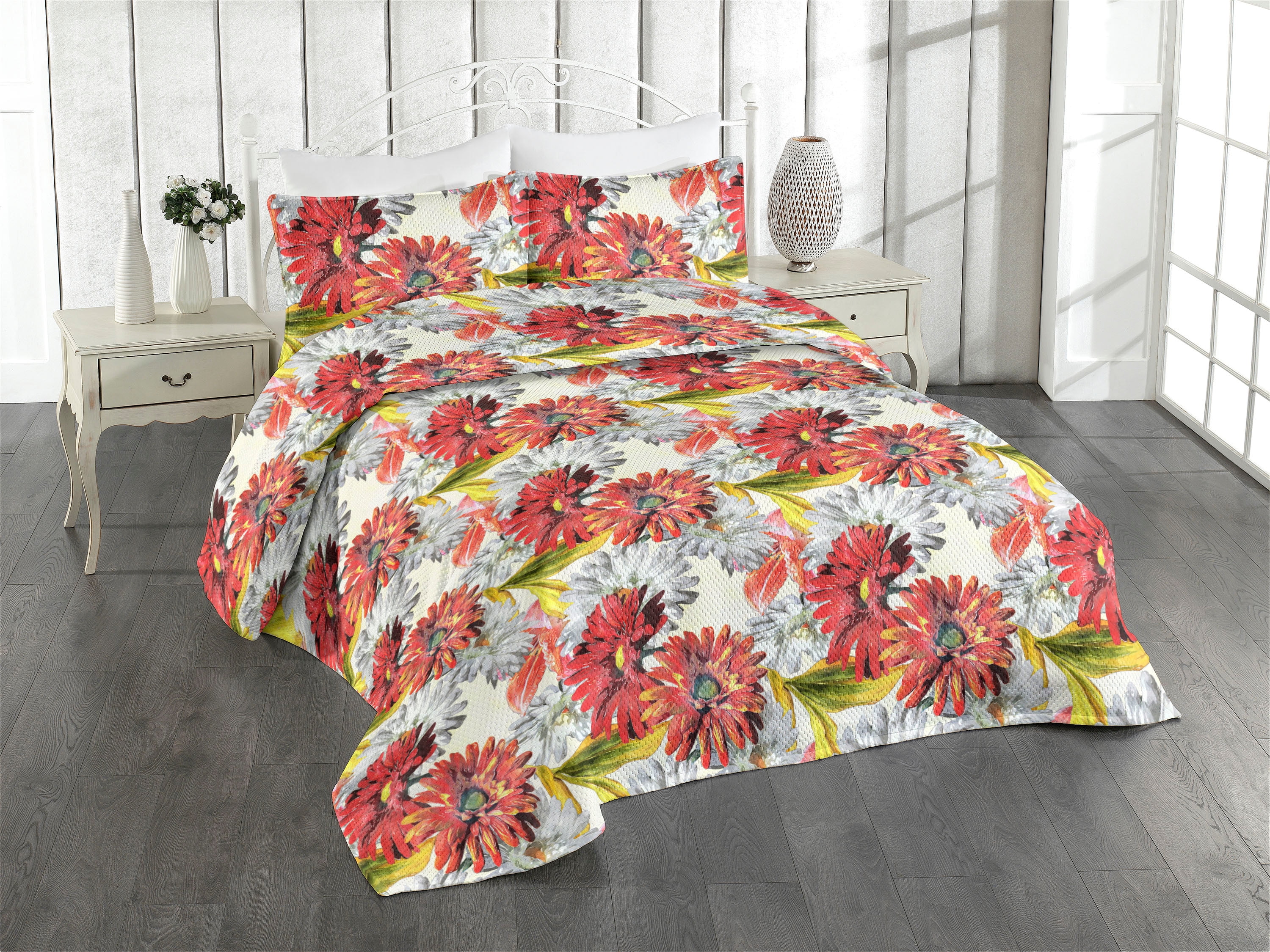 Ambesonne Flower Quilted Bedspread Set 3 Pcs, Floral Art Ornament ...