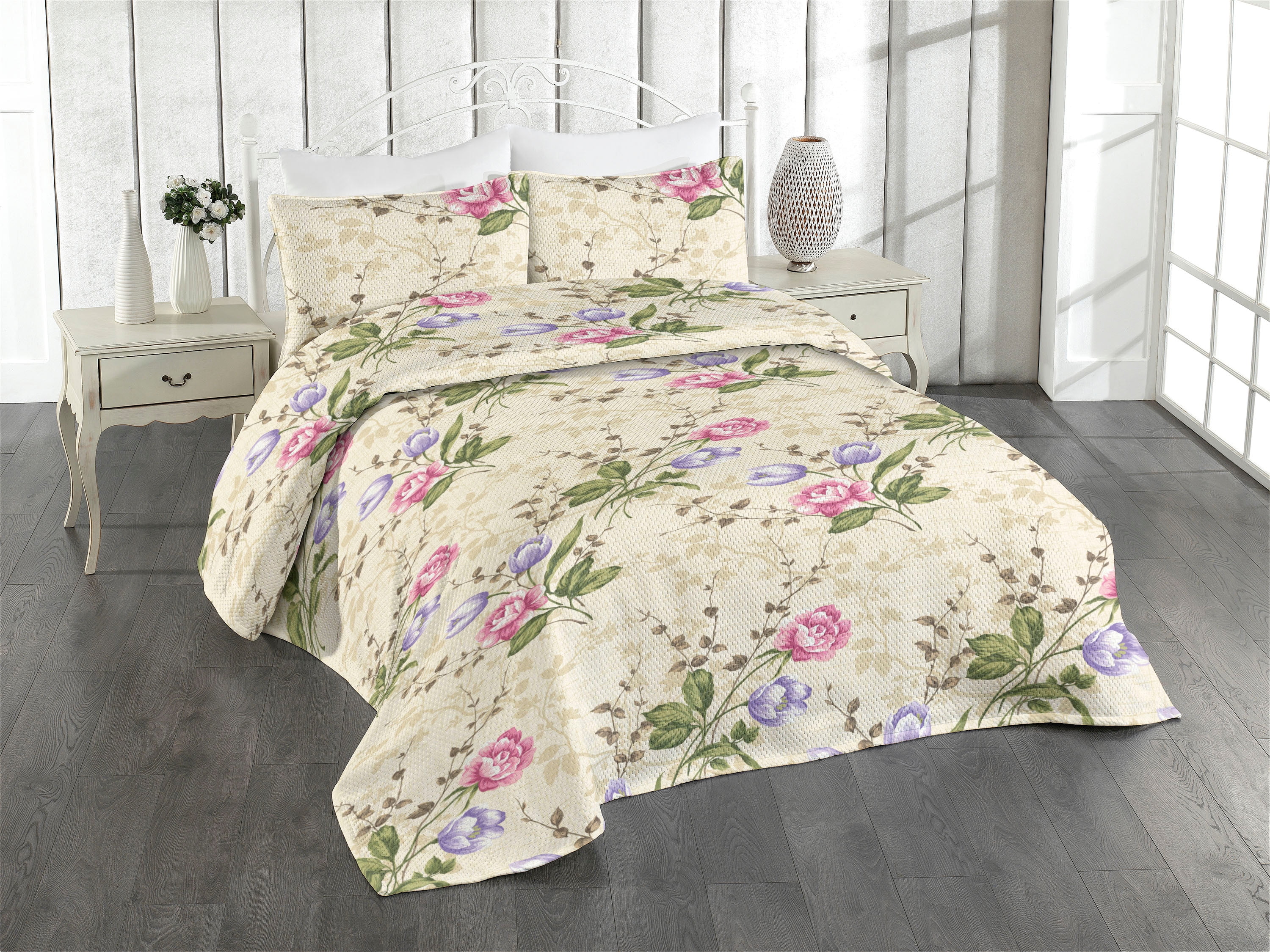 Ambesonne Flower Quilted Bedspread Set 3 Pcs, Garden Vintage Floral ...