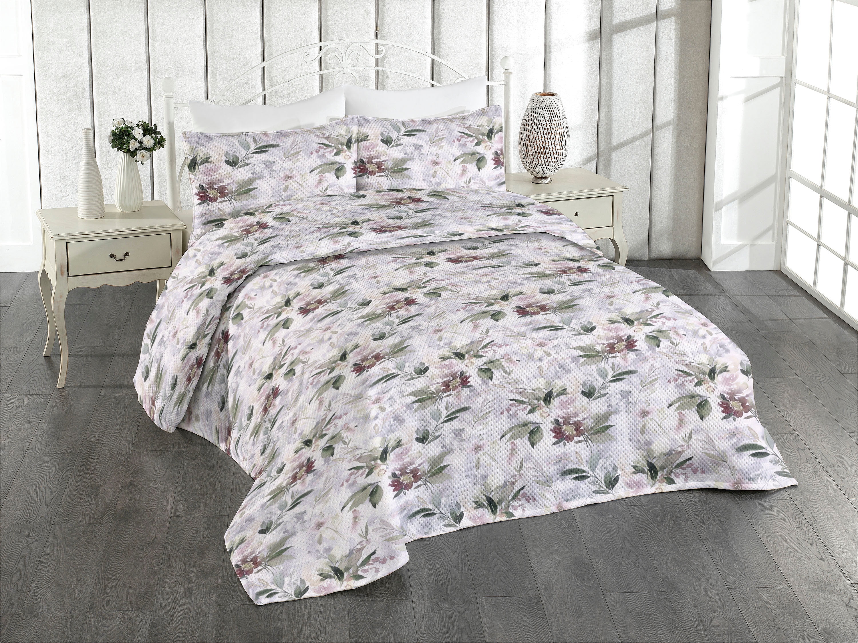 Ambesonne Flower Quilted Bedspread Set 3 Pcs, Pastel Tone Floral Leaf ...