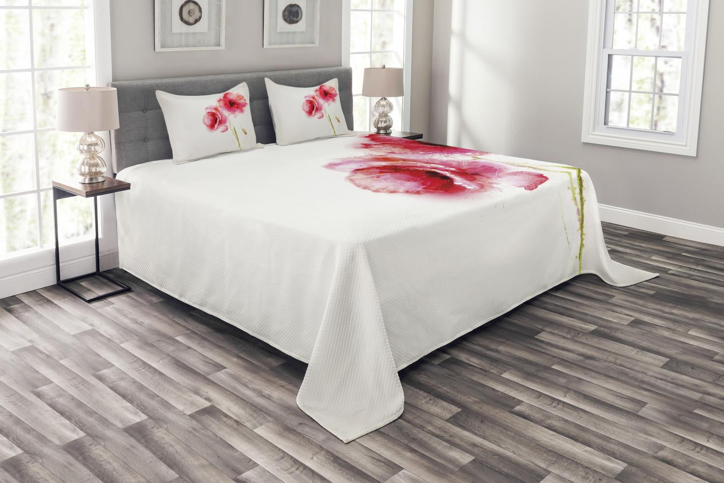 Ambesonne Flower Quilted Bedspread Set 3 Pcs, Red Poppies Vivid Spring ...