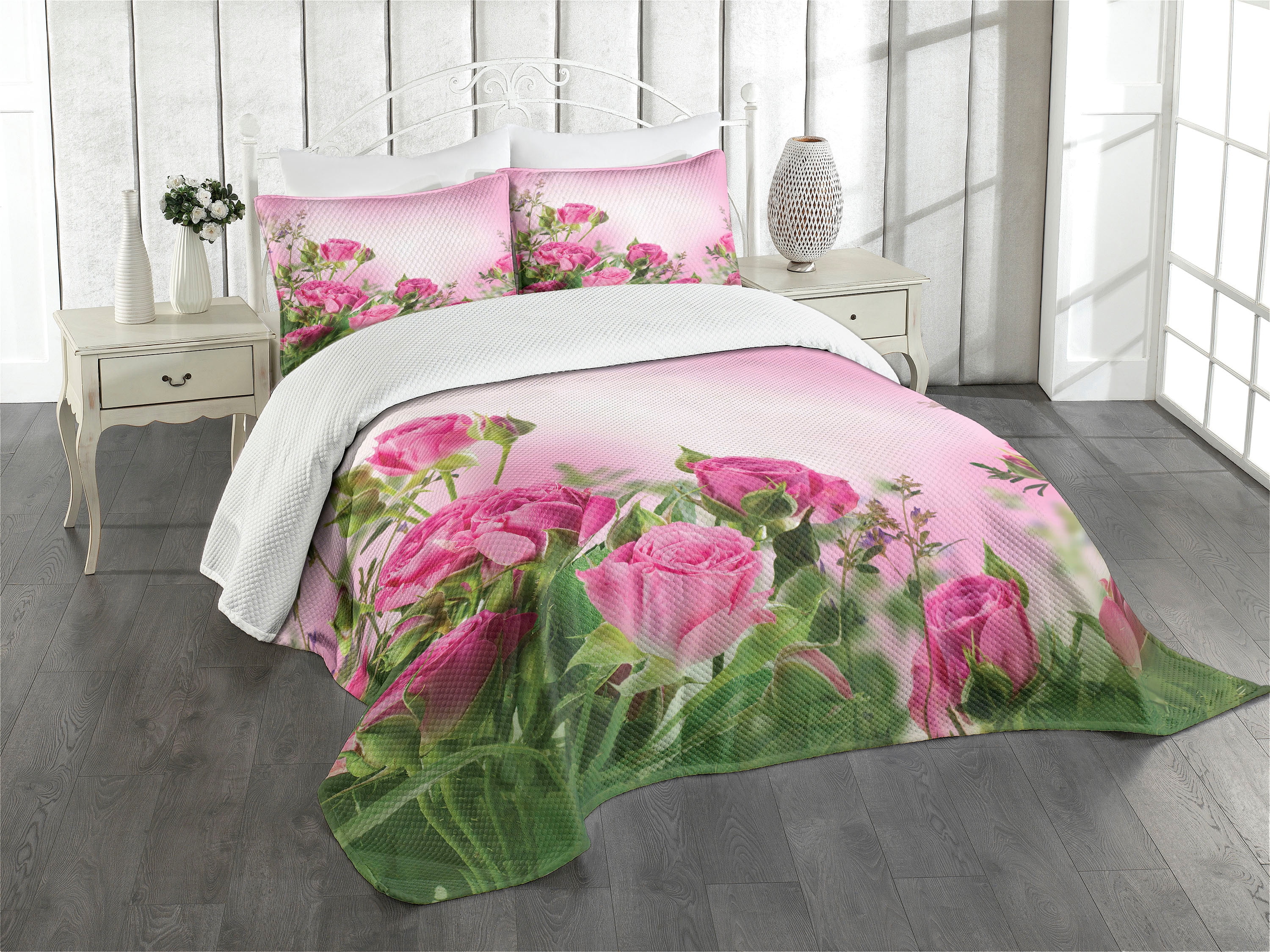 Ambesonne Flower Quilted Bedspread Set 3 Pcs, Spring Season Roses Buds ...