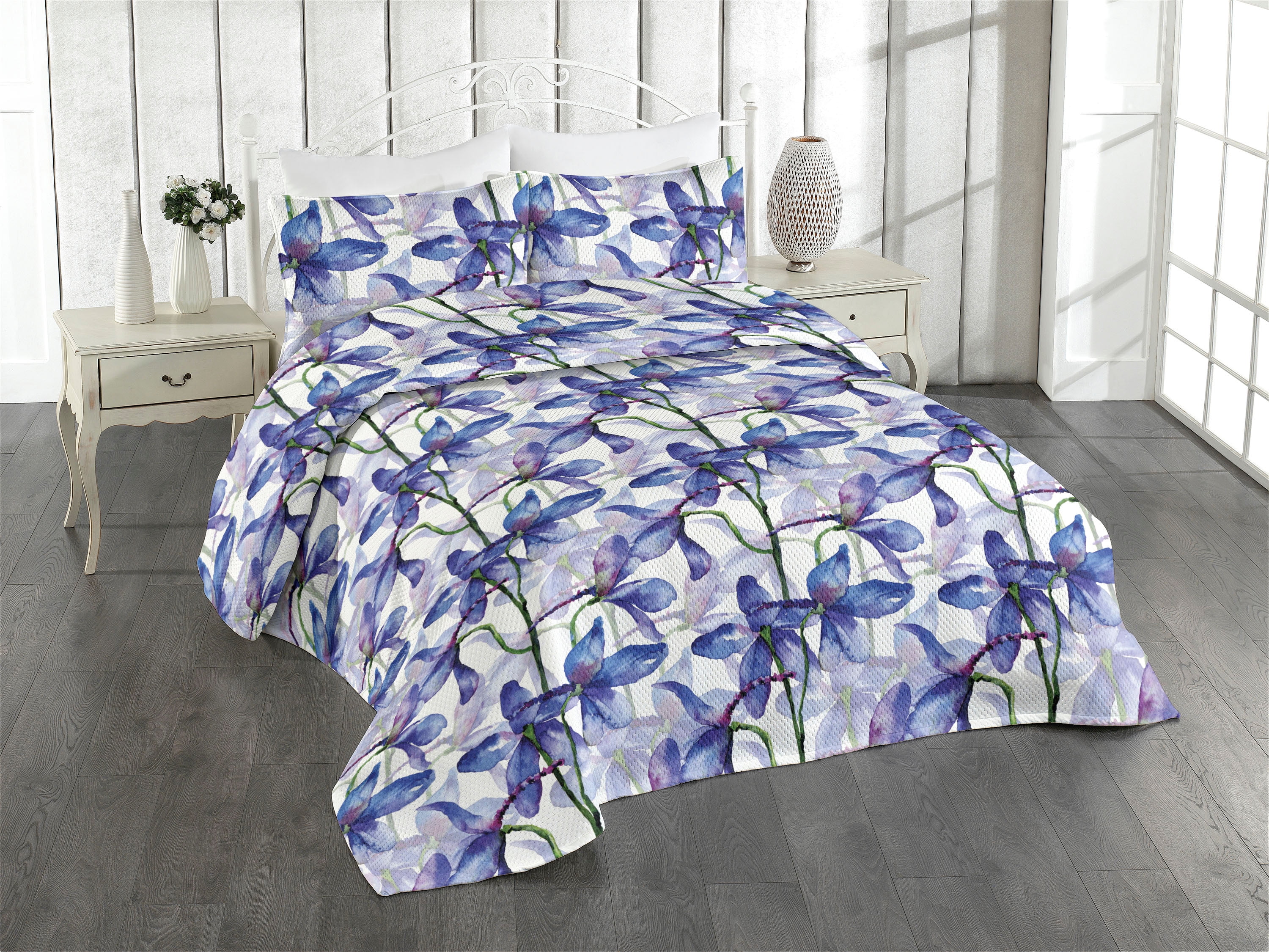 Ambesonne Flower Quilted Bedspread Set 3 Pcs, Watercolor Art Iris ...