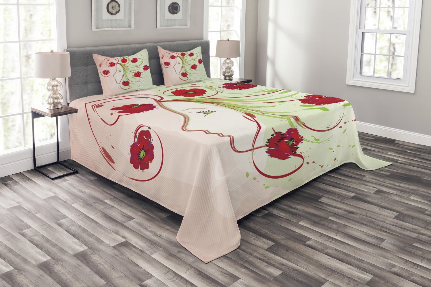 Ambesonne Flower Quilted Bedspread Set 3 Pcs, Watercolor Poppy, King ...