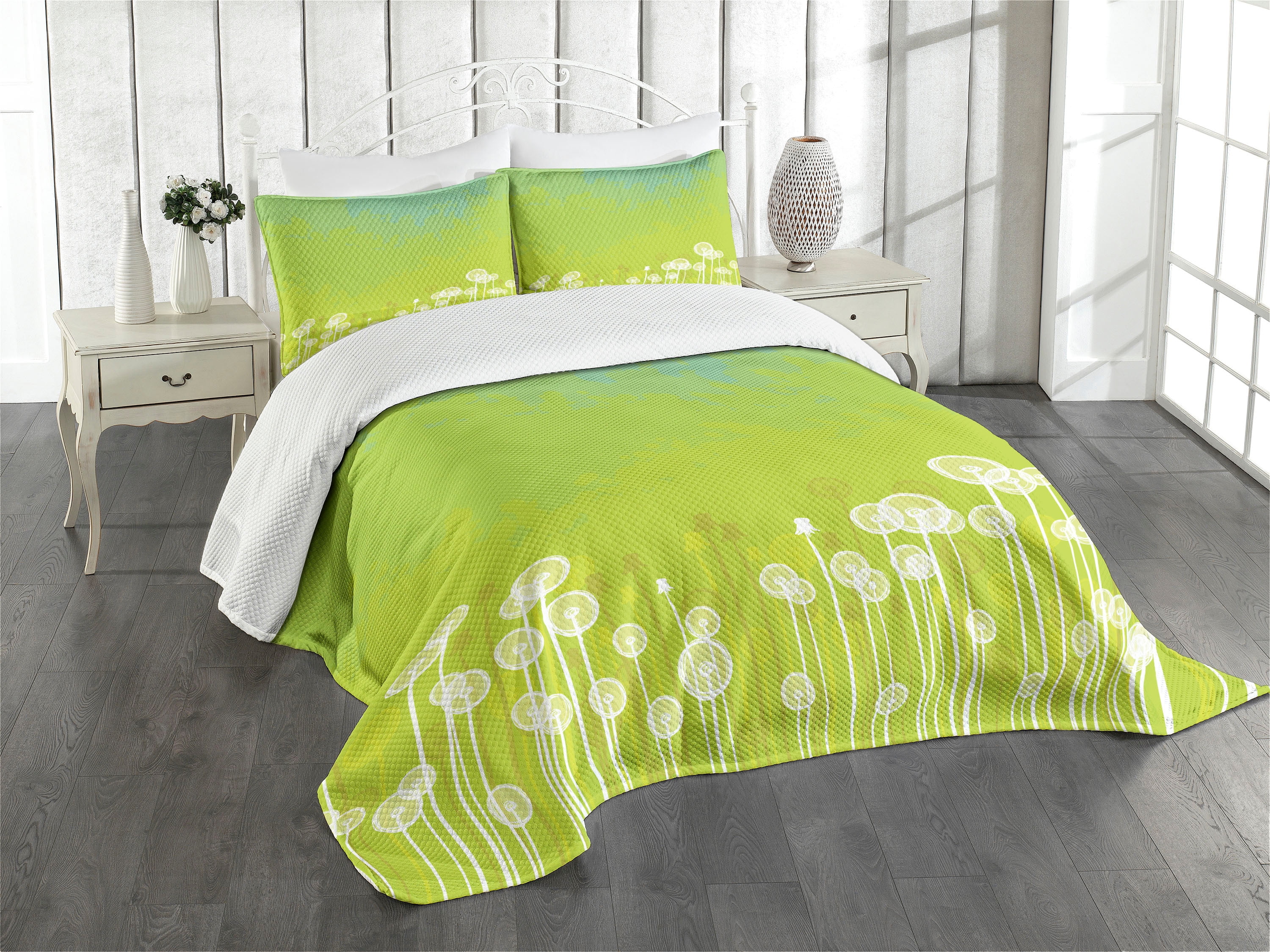 Ambesonne Flower Quilted Bedspread Set 3 Pcs, Wild Dandelion Blossoms ...