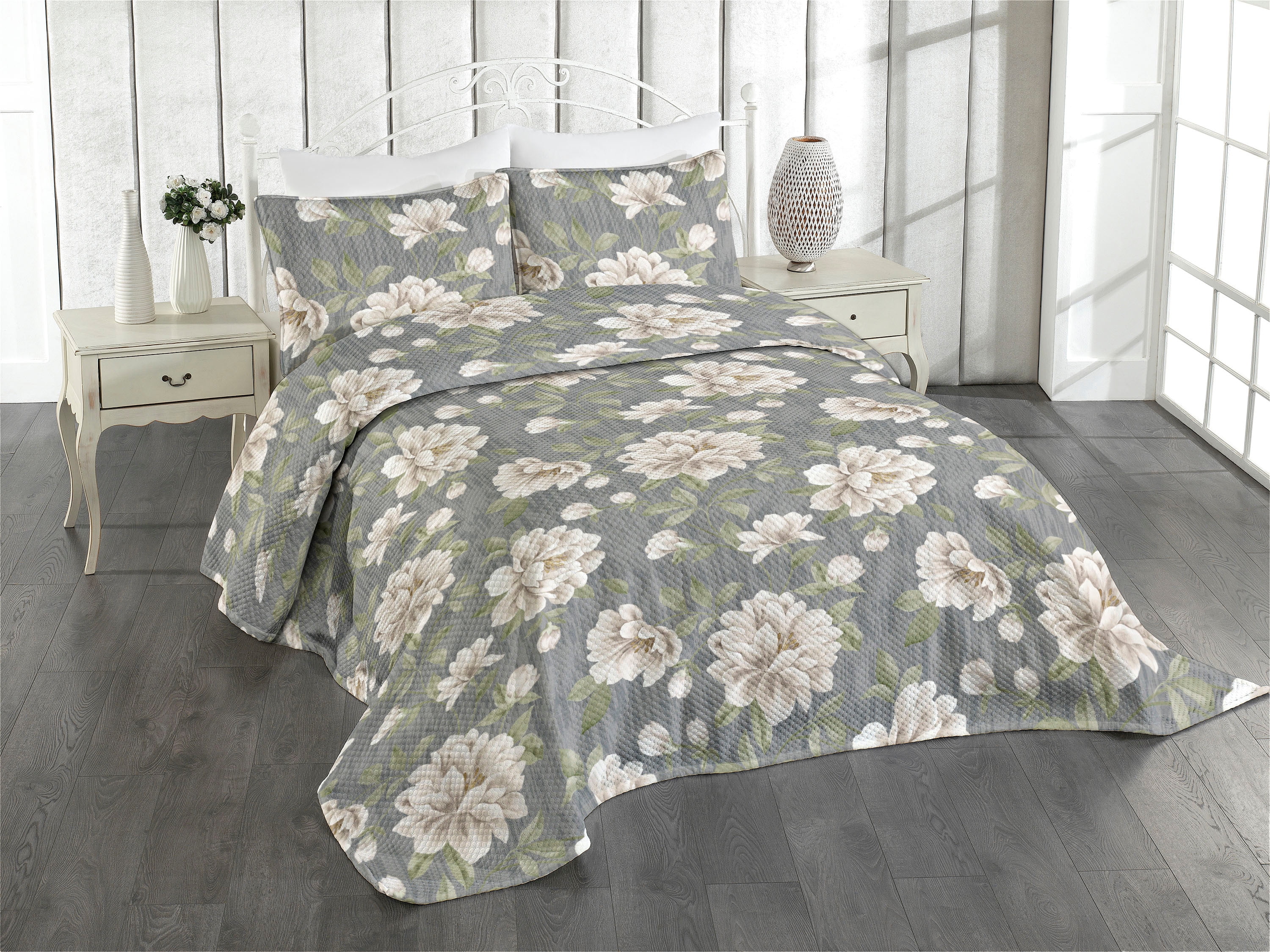 Ambesonne Flower Quilted Coverlet 2 Pcs, Grunge Spring Flower Leaves ...
