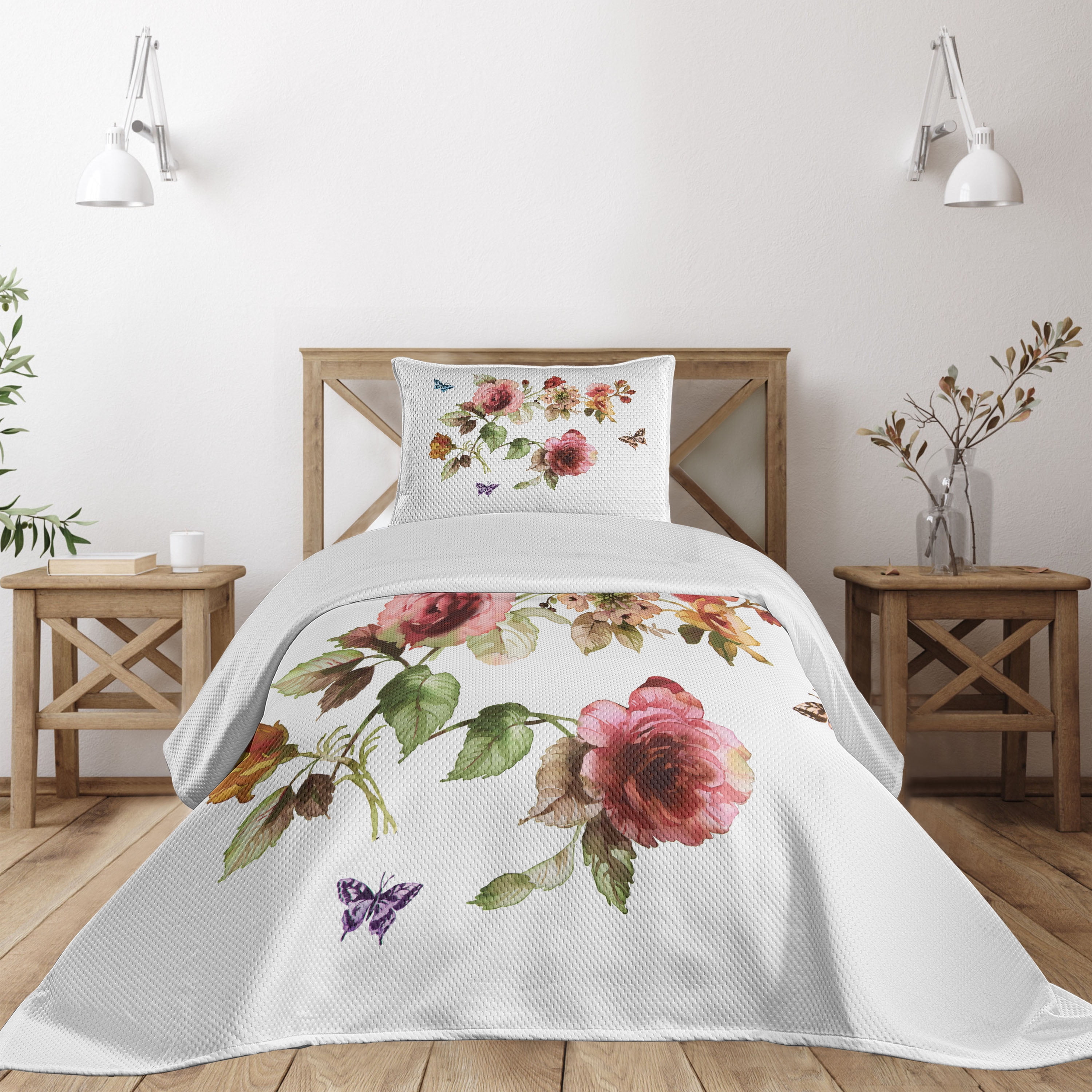 Ambesonne Flower Quilted Coverlet 2 Pcs, Shabby Plant Roses Buds, Twin ...