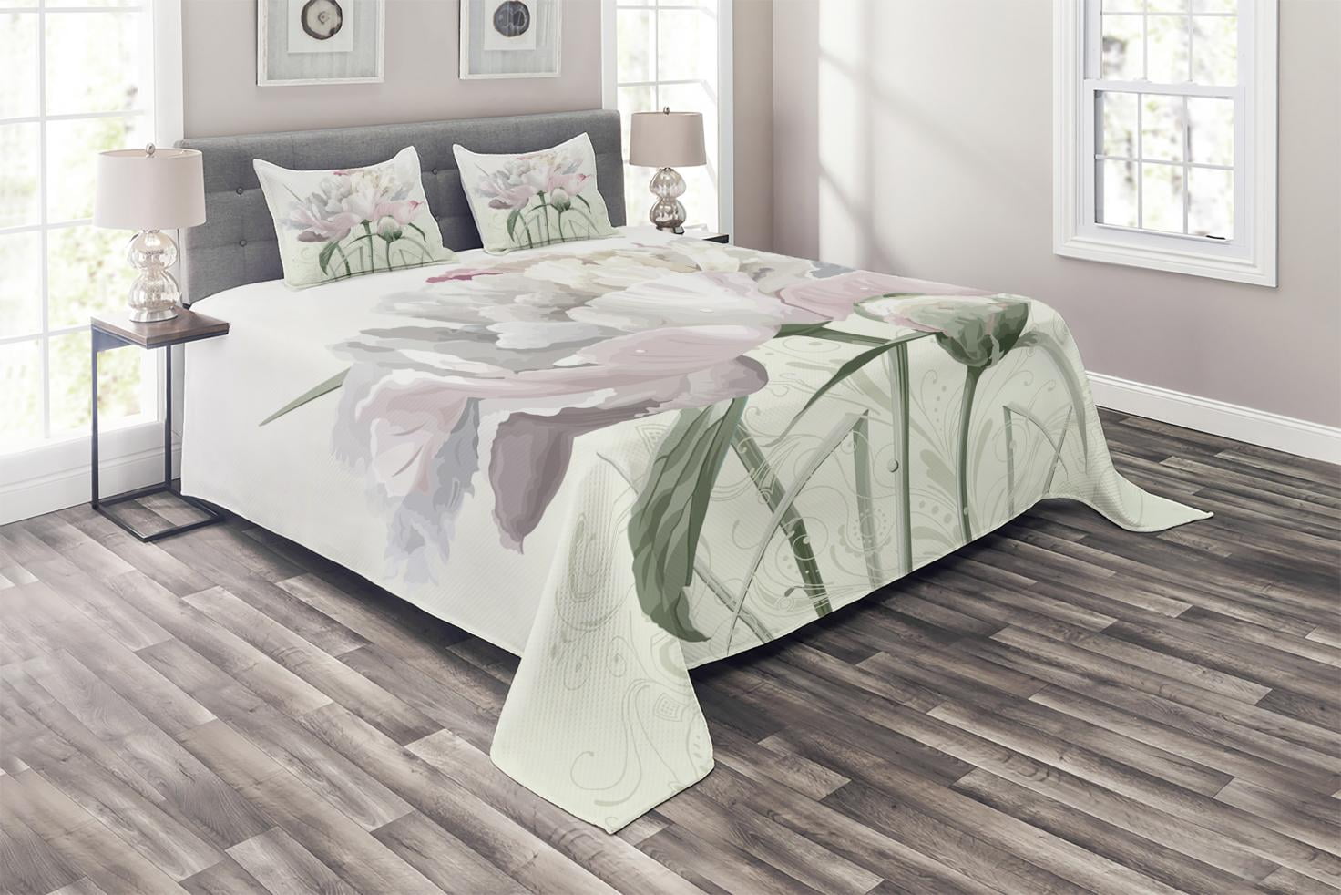 Ambesonne Flower Quilted Coverlet 3 Pcs, Pink Rose Tulip Abstract, King ...