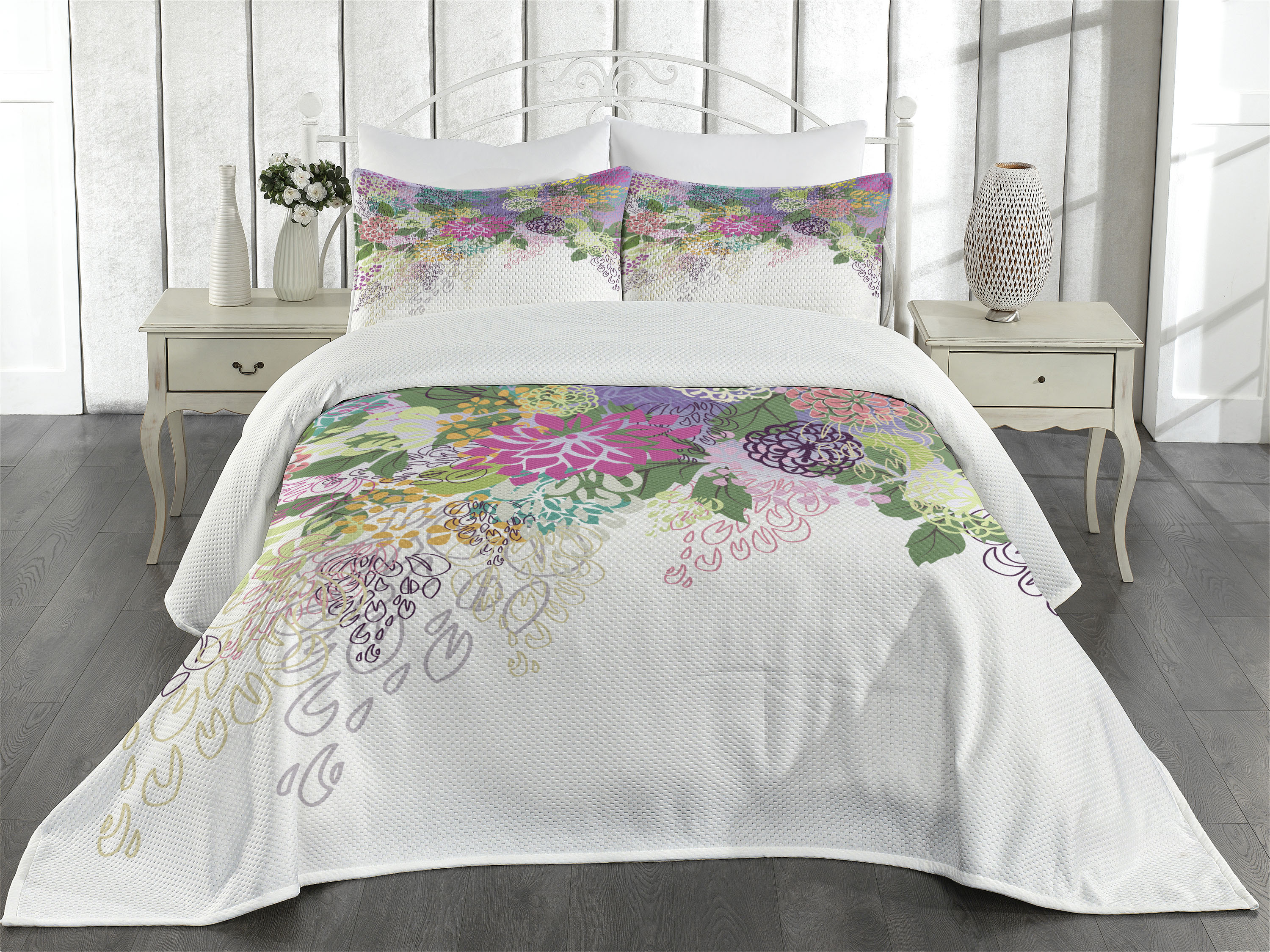 Ambesonne Flower Quilted Coverlet 3 Pcs, Vintage Boho Inspiration, King ...