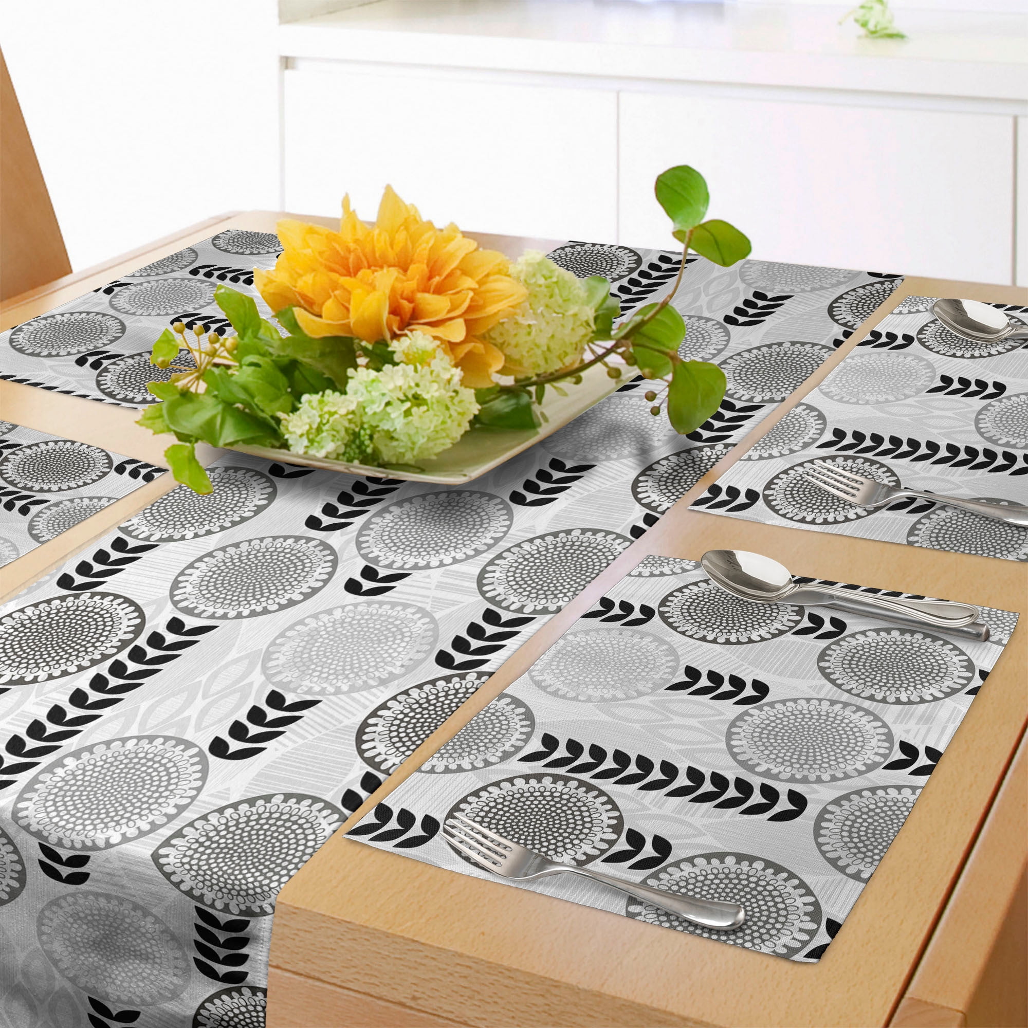Ambesonne Flower Table Runner & Placemats, Greyscale Spring Bloom ...