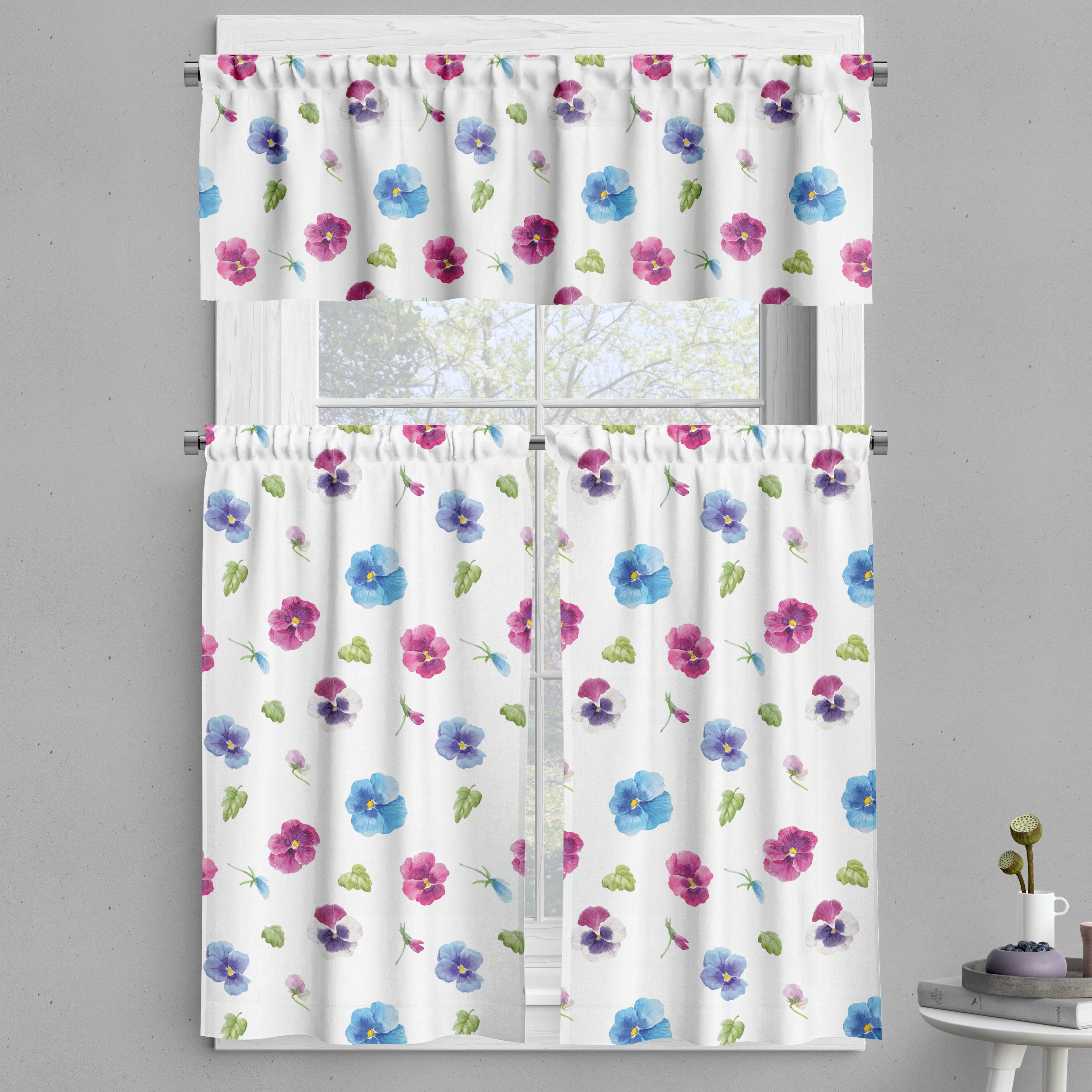 Ambesonne Flower Valance & Curtain, Pansy Petals and Sprouts, 55"x36 ...