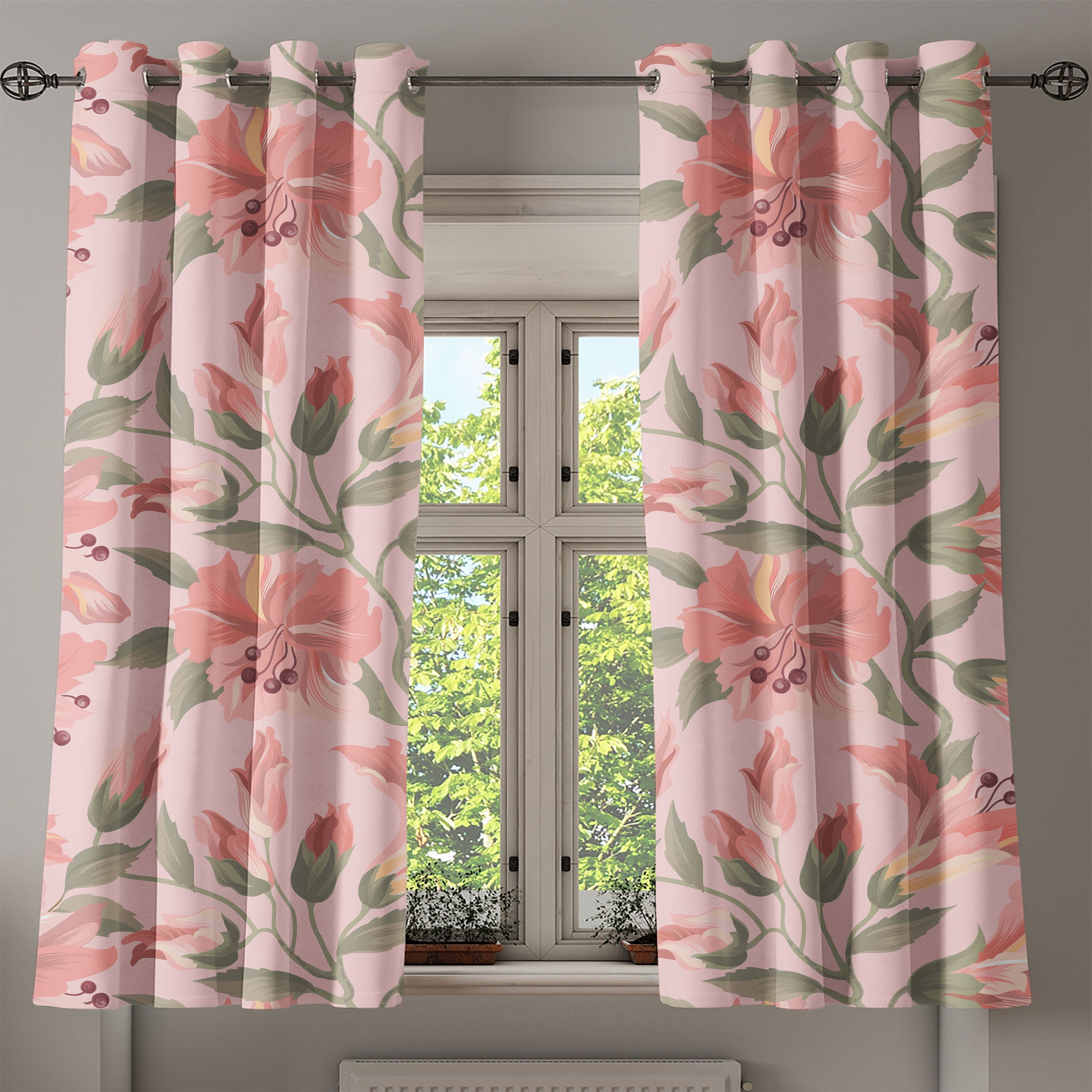 Ambesonne Flowers Boho Grommet Curtain Pastel 90s Floral Art 50x60