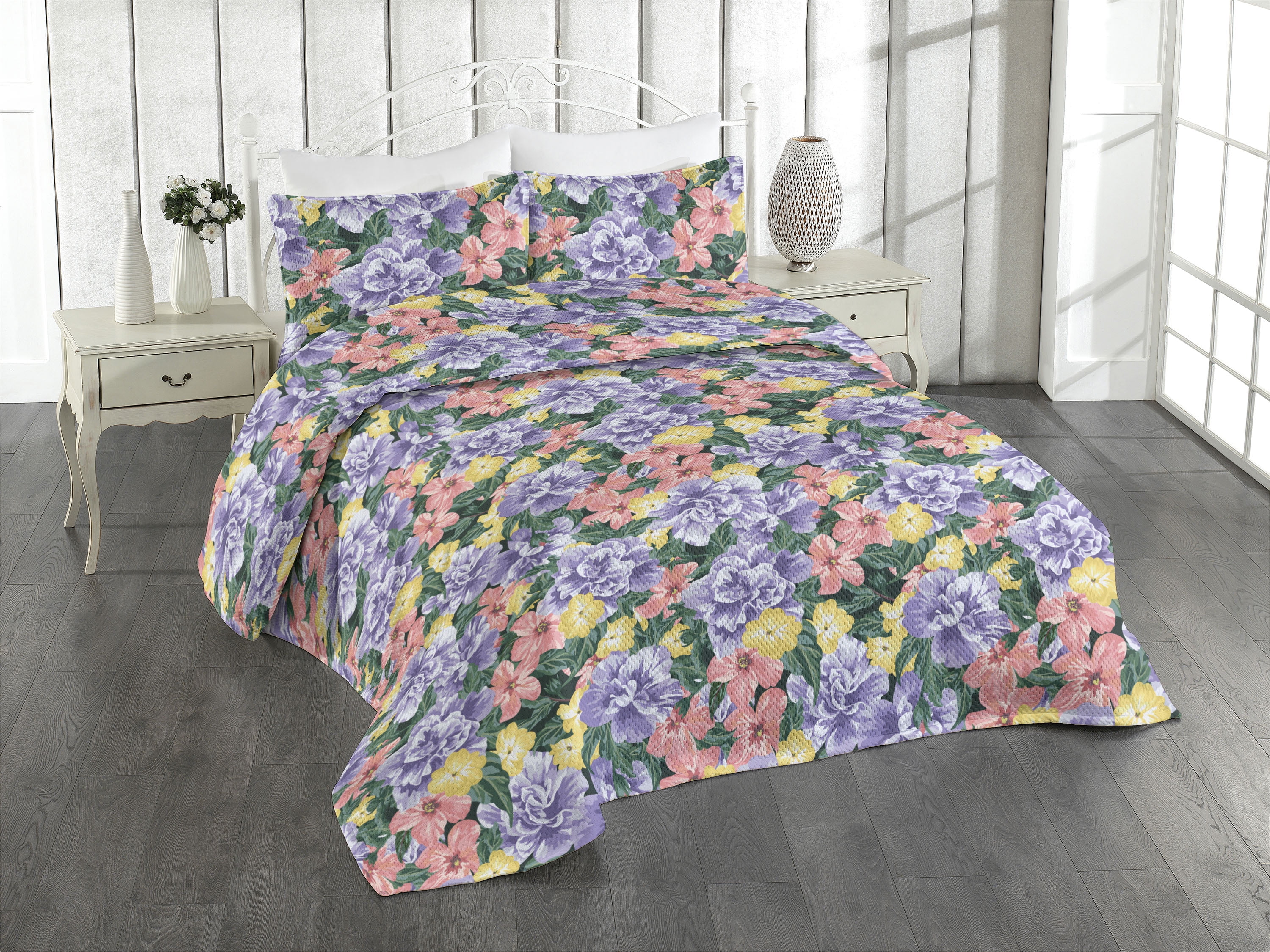 Ambesonne Flowers Boho Quilted Bedspread Set 3 Pcs, Waterolor Leaf ...