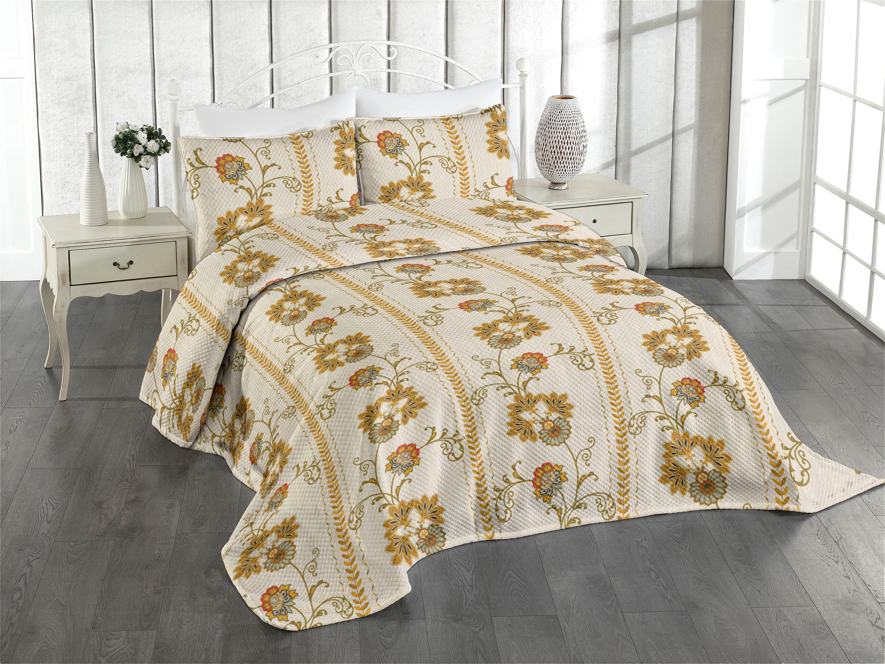 Ambesonne Flowers Boho Quilted Coverlet 3 Pcs, Oriental Floral Design ...