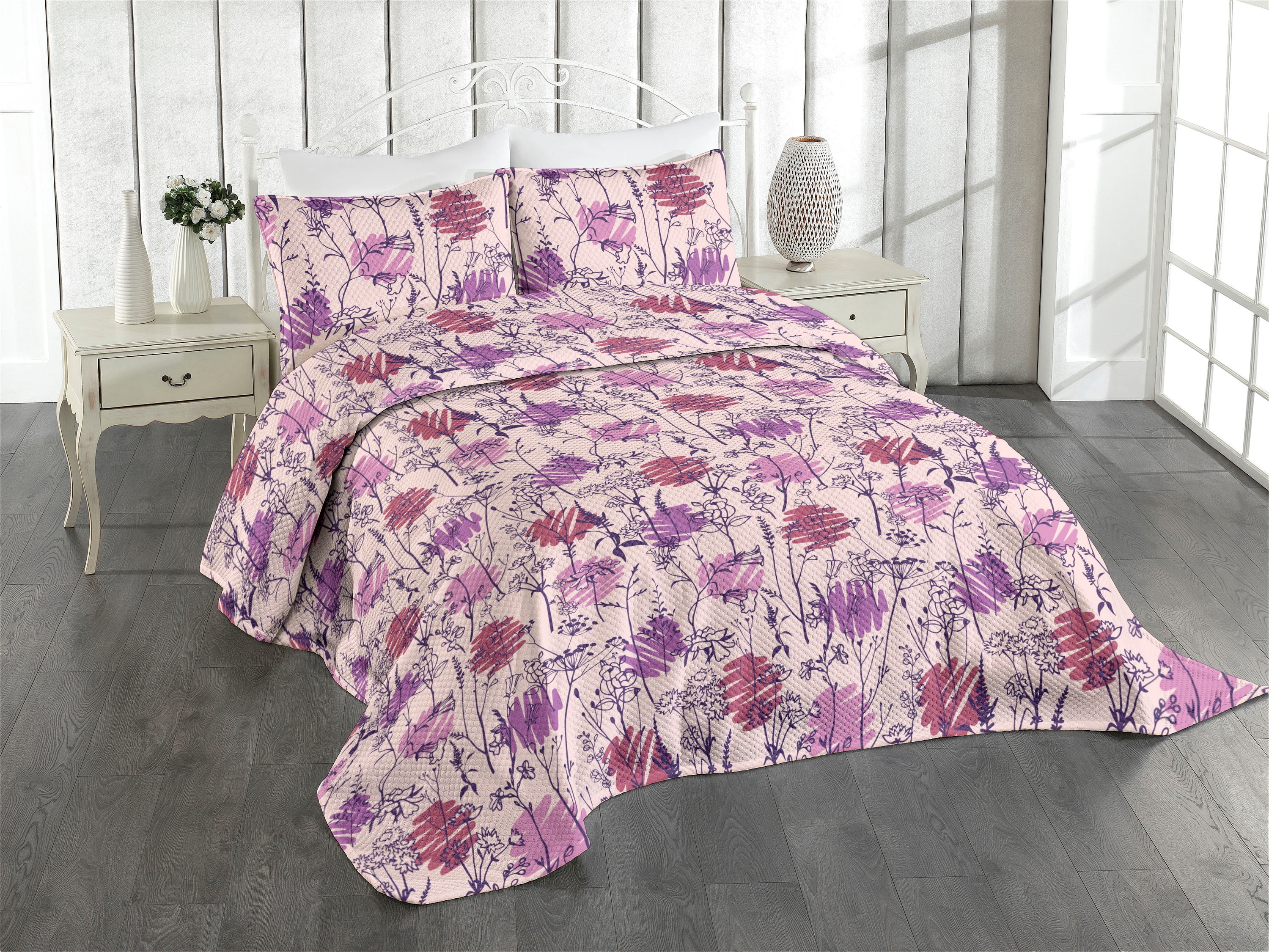Ambesonne Flowers Boho Quilted Coverlet 3 Pcs, Wild Meadow Blossoms ...