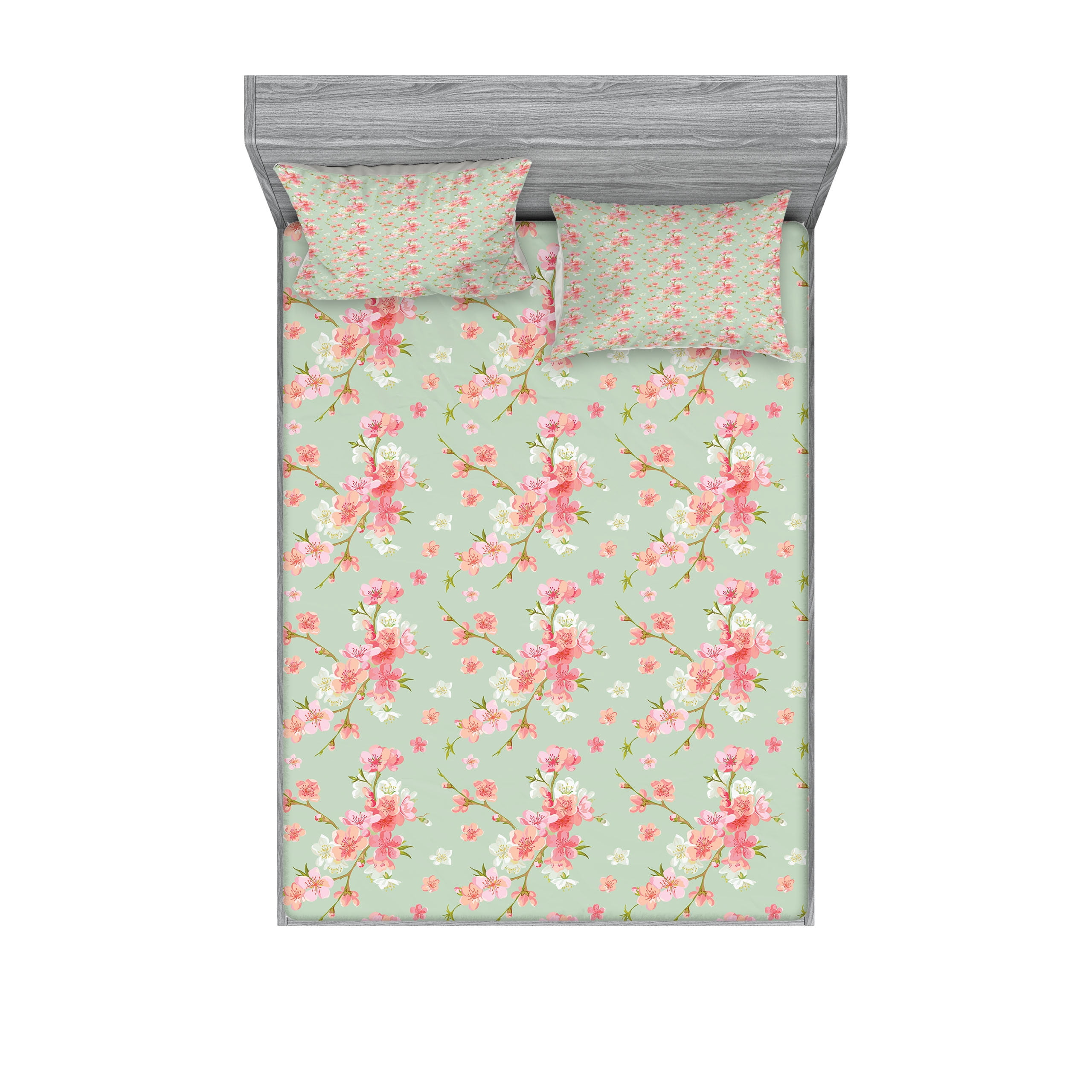 Ambesonne Flowers Fitted Sheet & Pillow Sham Set, Retro Spring Blossoms ...