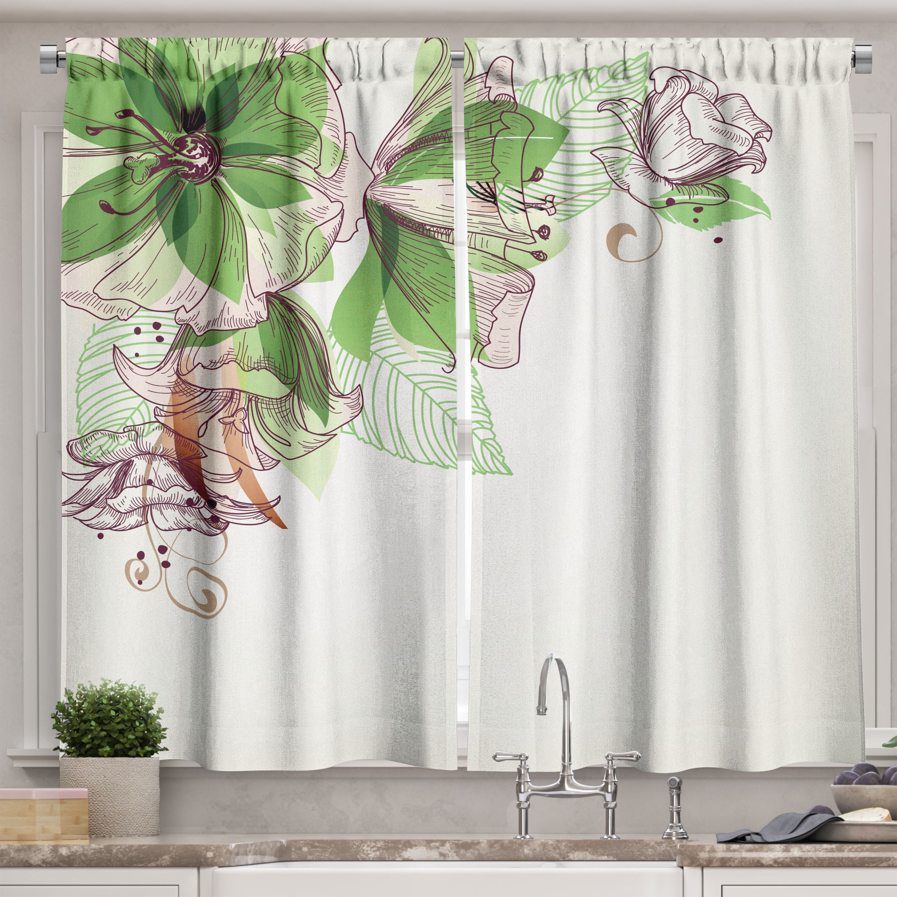 Ambesonne Flowers Kitchen Curtains, Buds Leaf Themed Print Art, 55"x45 ...