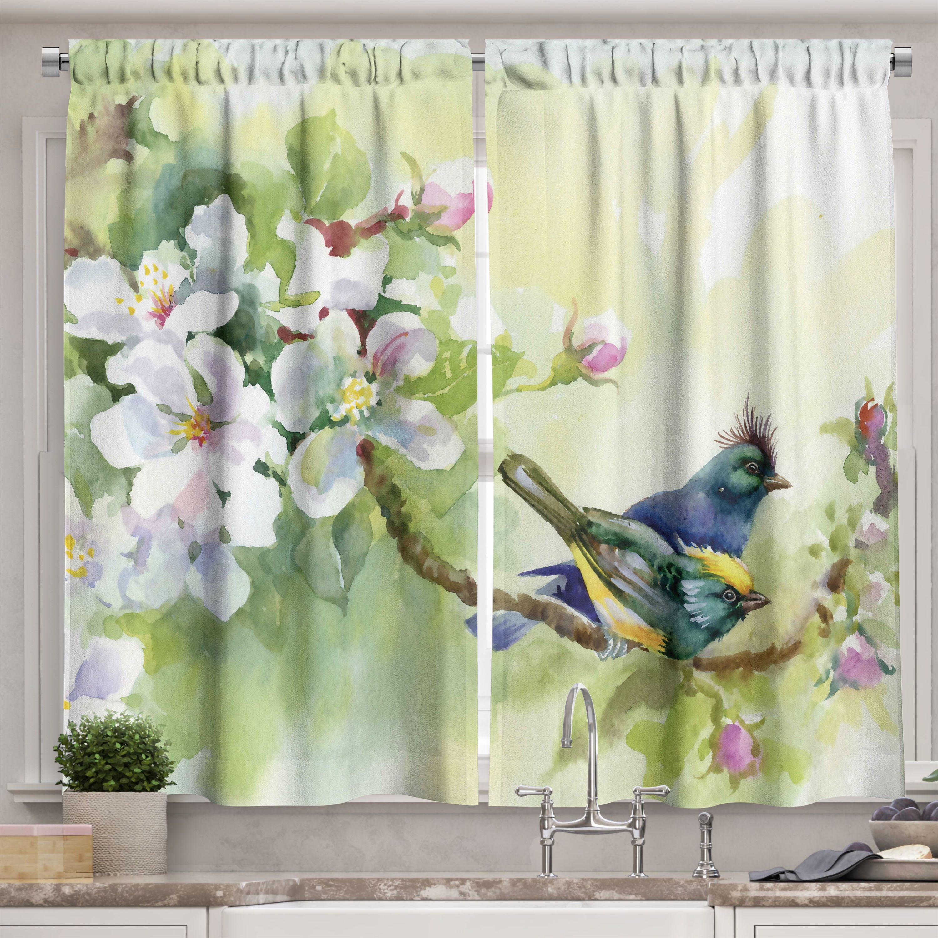 Ambesonne Flowers Kitchen Curtains, Watercolor Birds Spring, 55"x39 ...