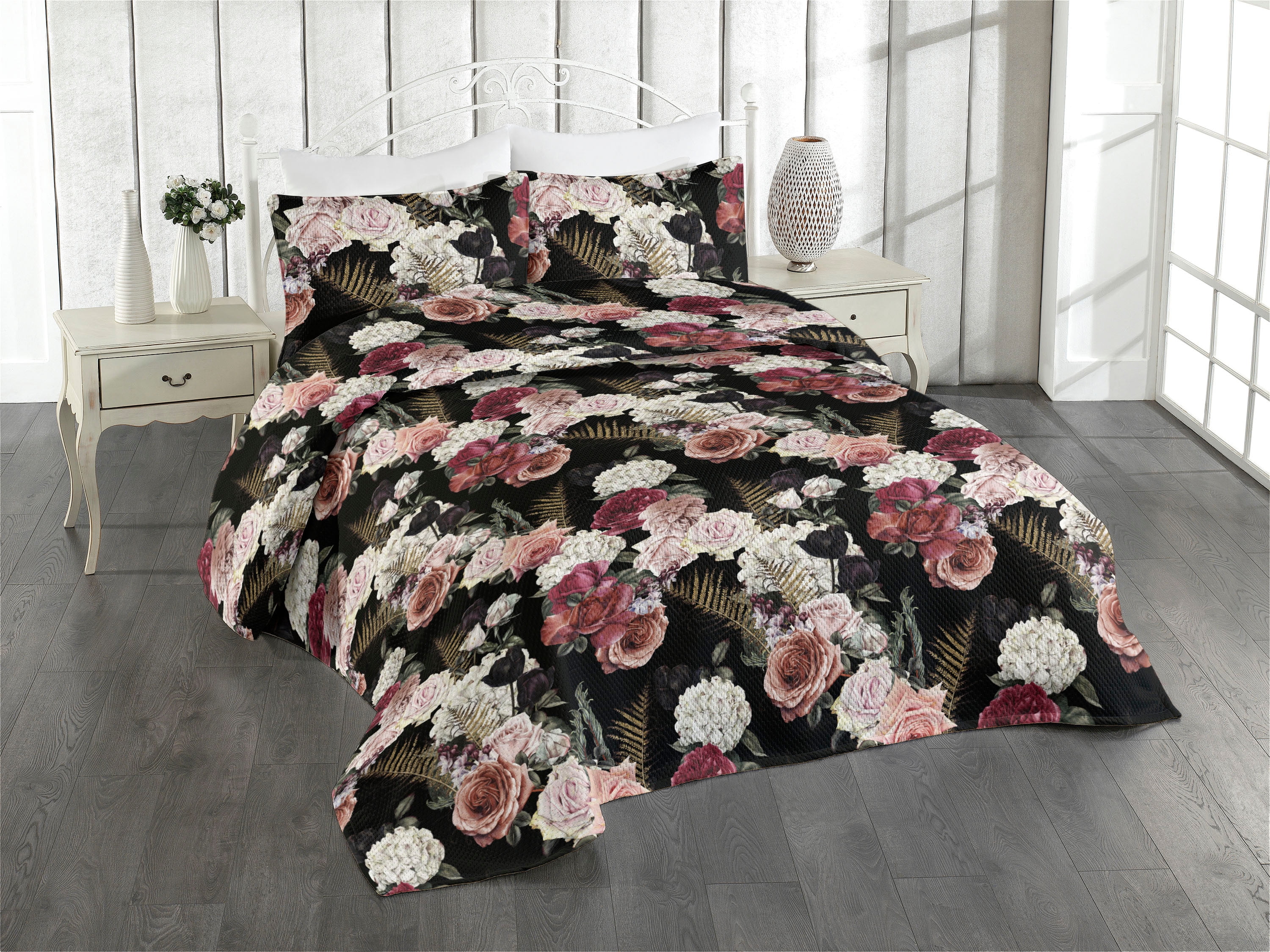 Ambesonne Flowers Quilted Bedspread Set 3 Pcs, Blossoming Roses ...