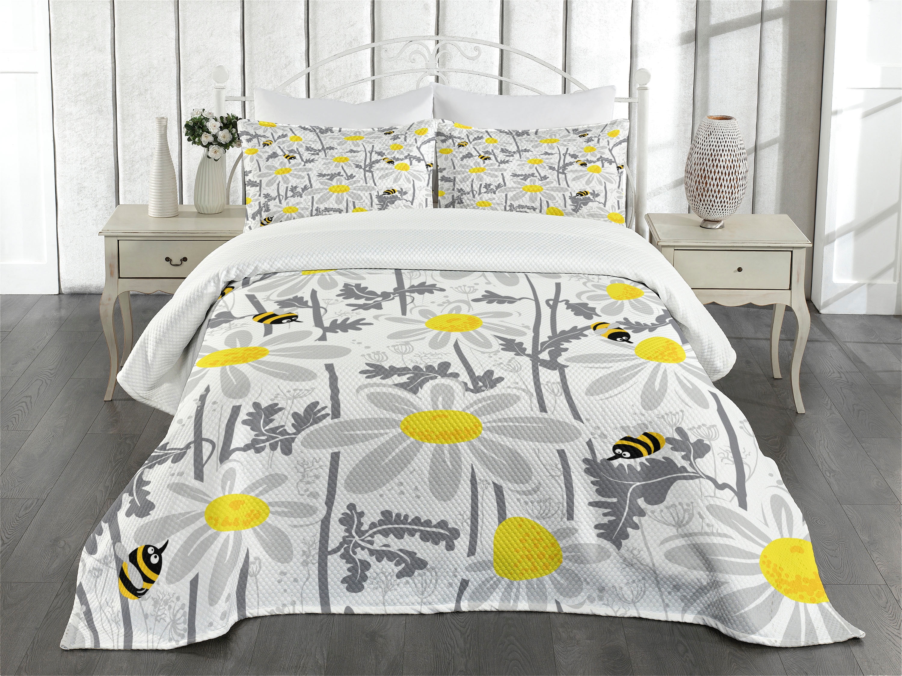 Ambesonne Flowers Quilted Bedspread Set 3 Pcs, Daisy Leaf Spring Time ...