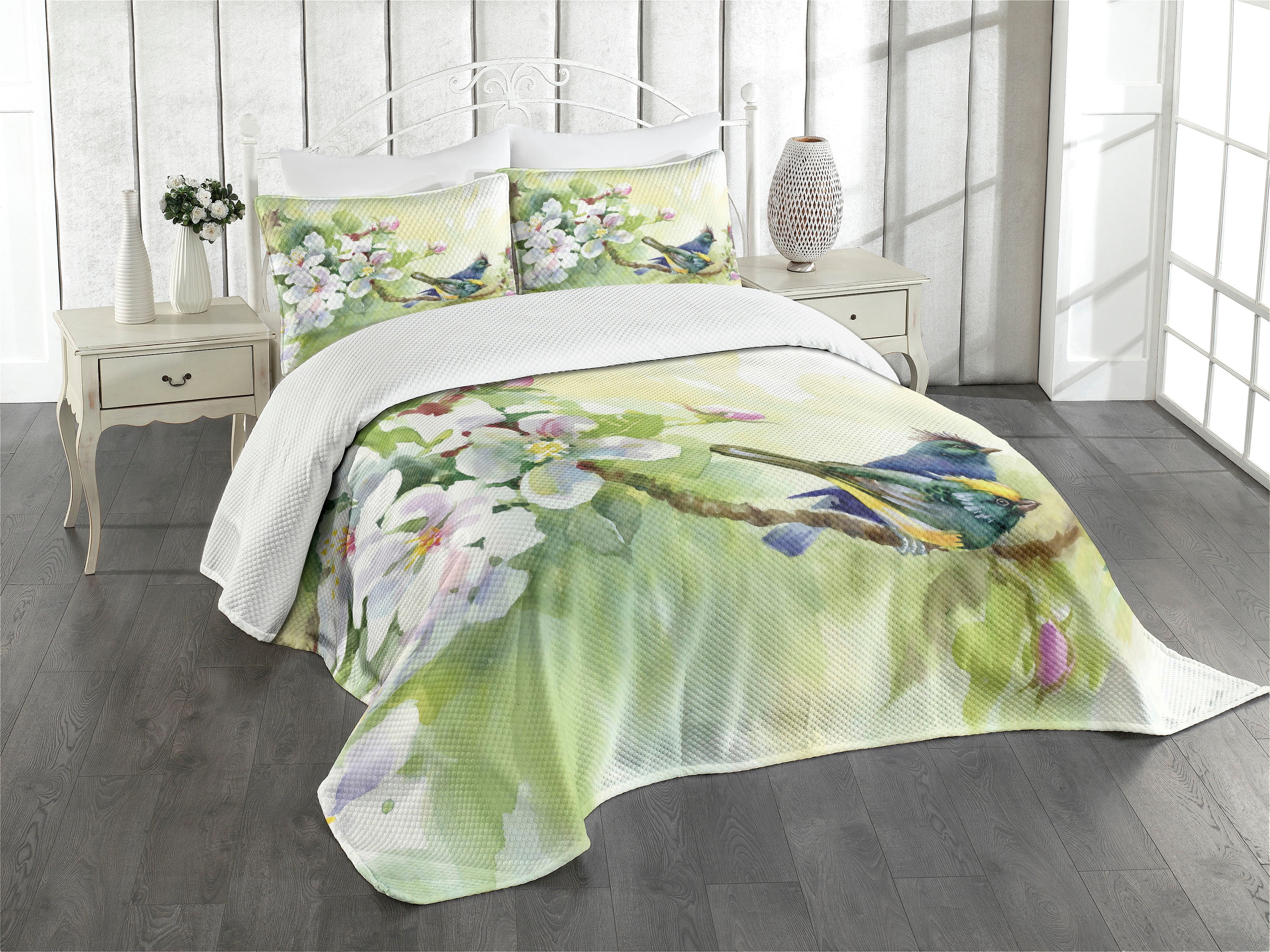 Ambesonne Flowers Quilted Bedspread Set 3 Pcs, Watercolor Birds Spring ...
