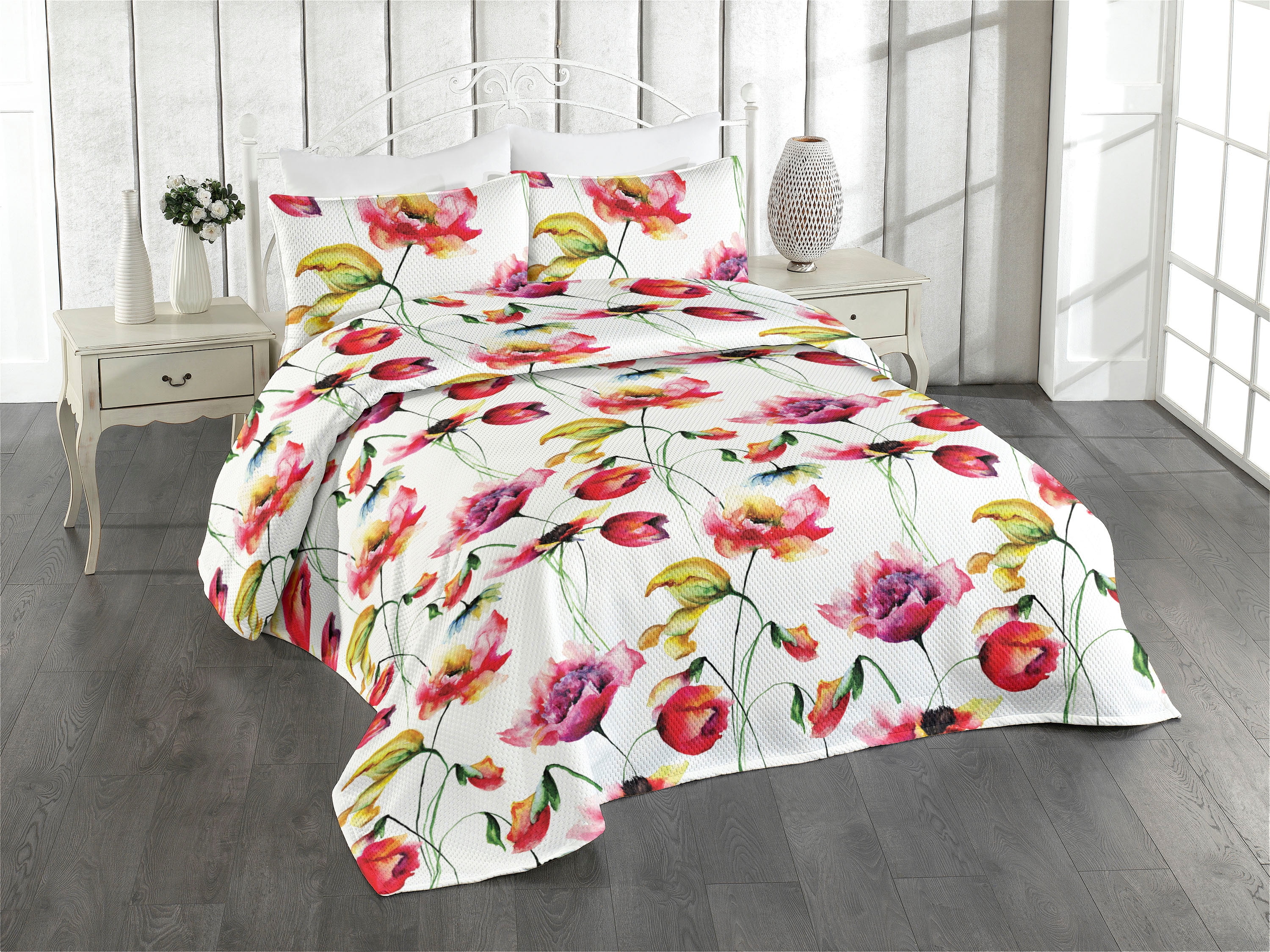 Ambesonne Flowers Quilted Bedspread Set 3 Pcs, Watercolor Look Art ...
