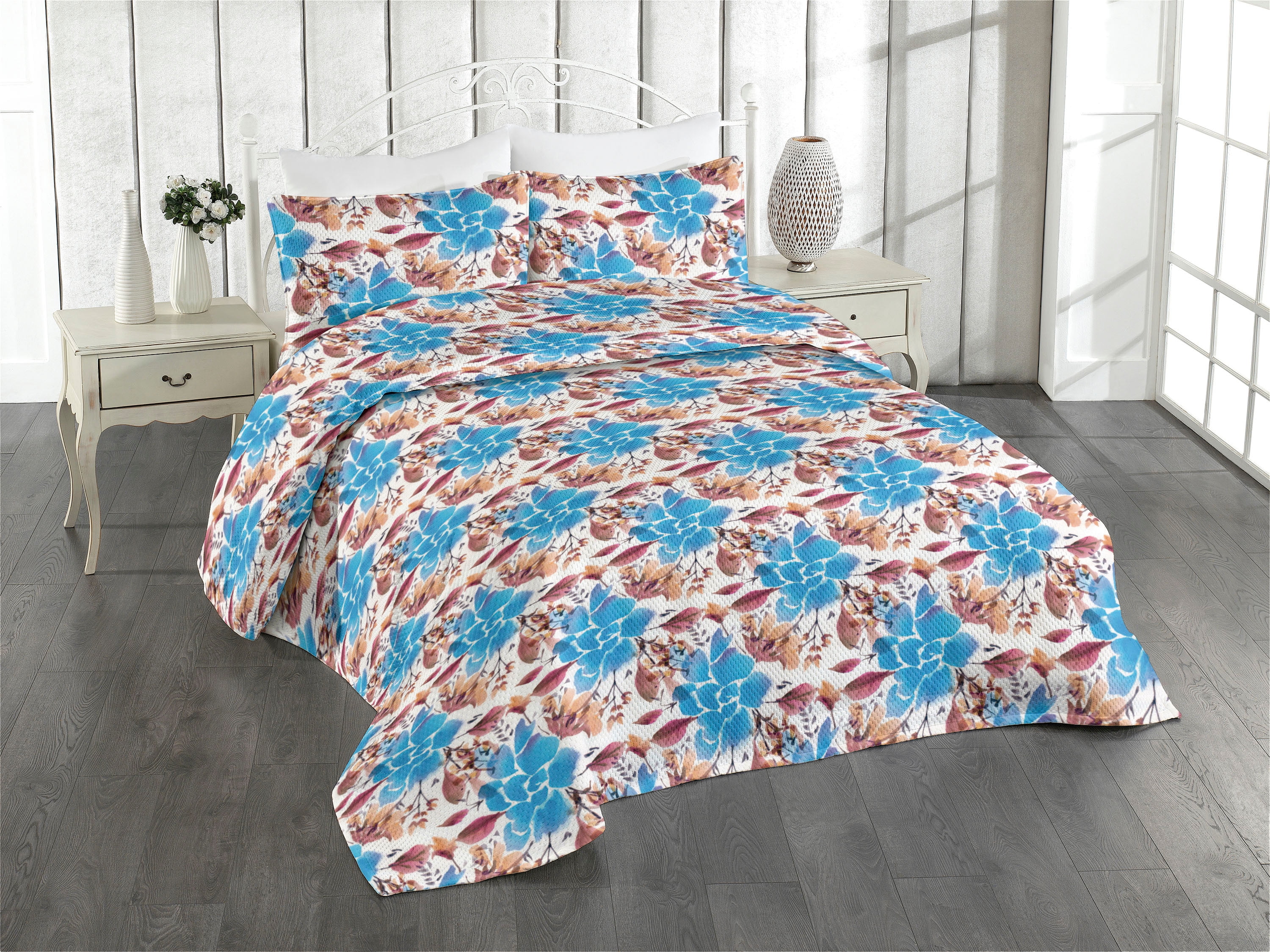 Ambesonne Flowers Quilted Bedspread Set 3 Pcs, Watercolor Neutral ...