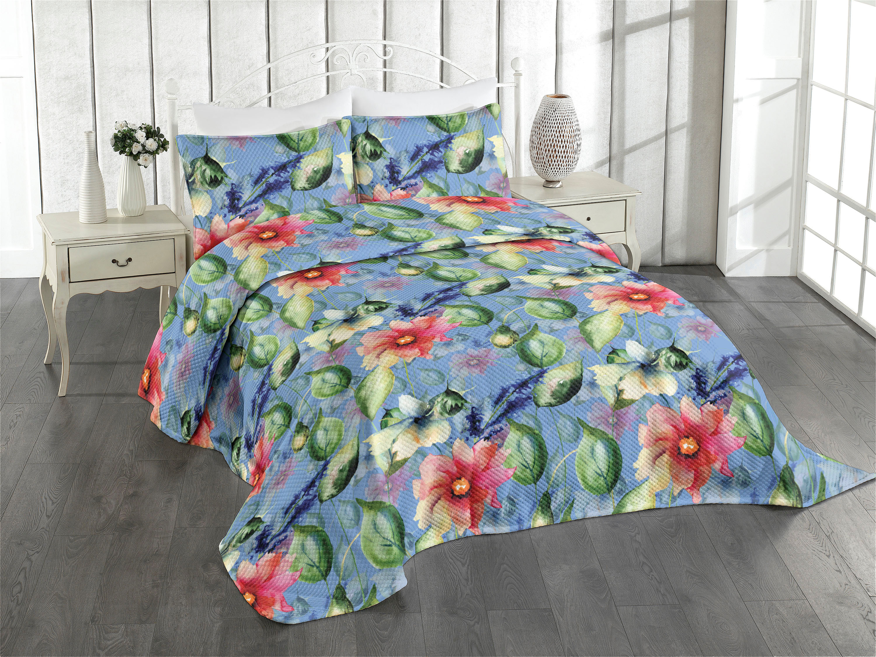 Ambesonne Flowers Quilted Coverlet 2 Pcs, Leafy Garden Design Print ...